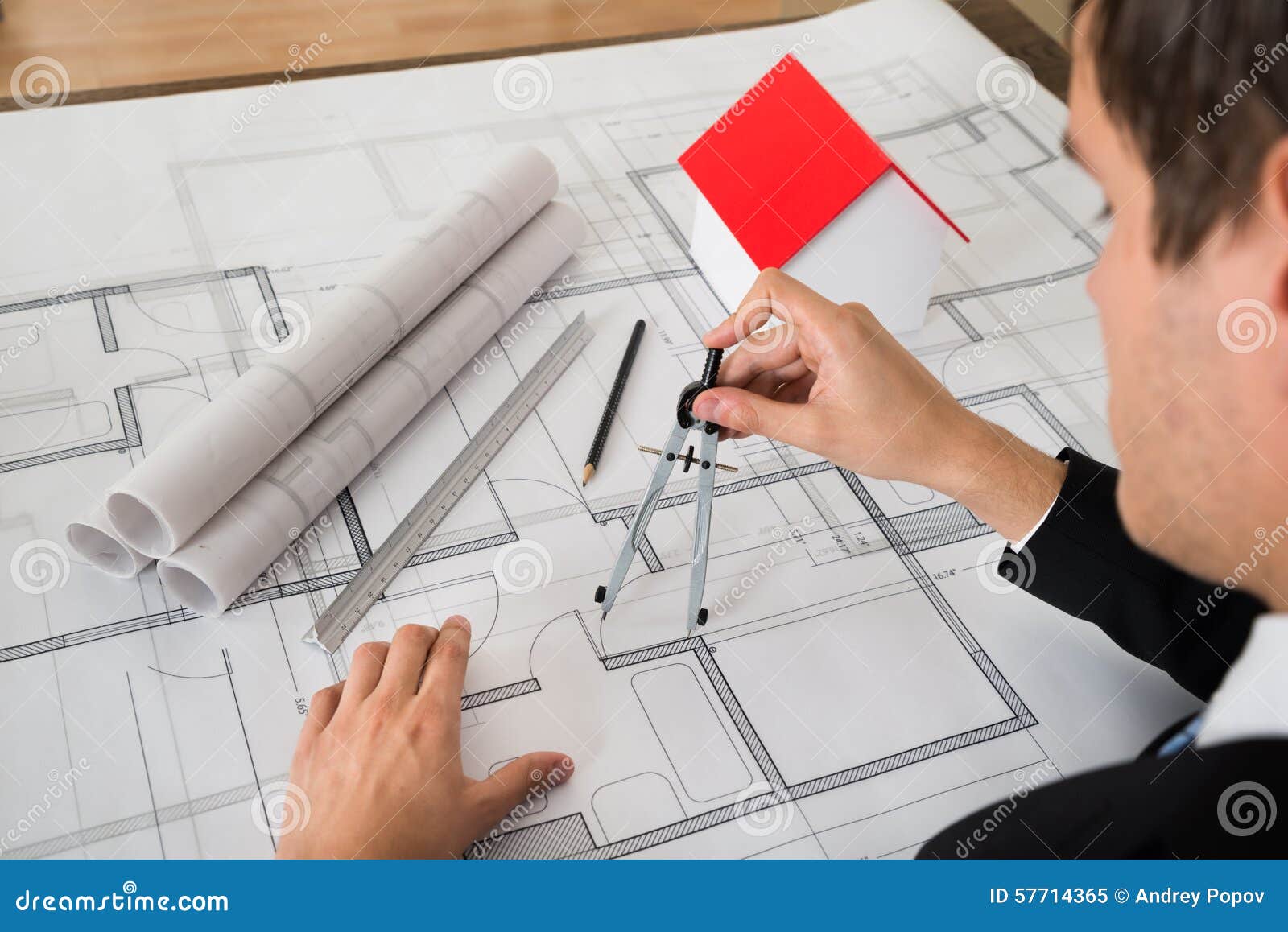 Architect Using Compass on Blueprint Stock Image - Image of constructor ...