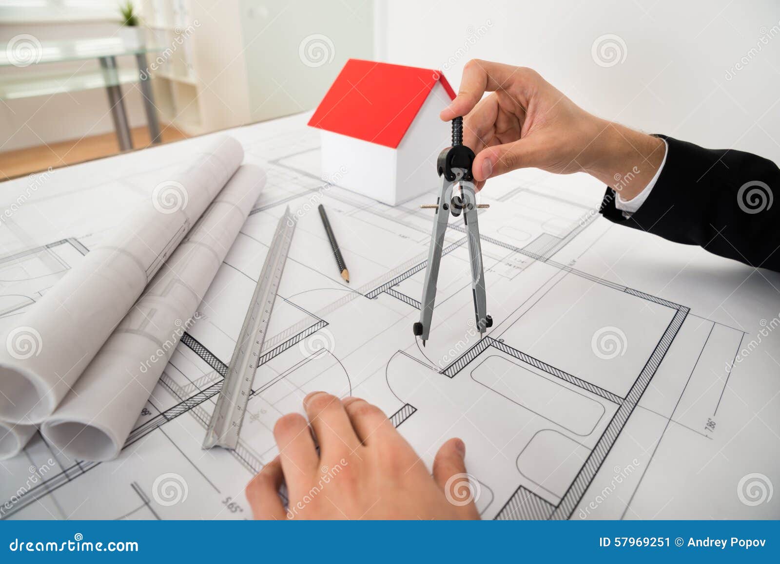 Architect Using Compass on Blueprint Stock Image - Image of expert ...