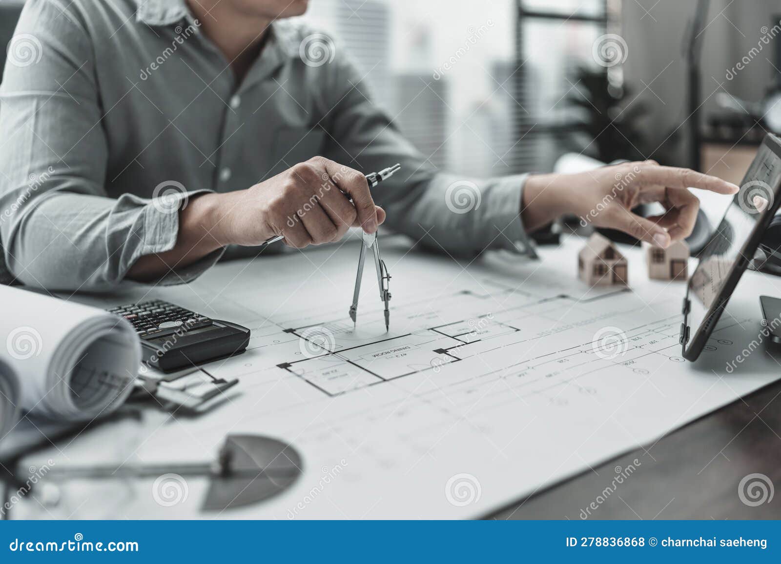 Architect Using Divider Compass Working on Blueprint. House Planning ...