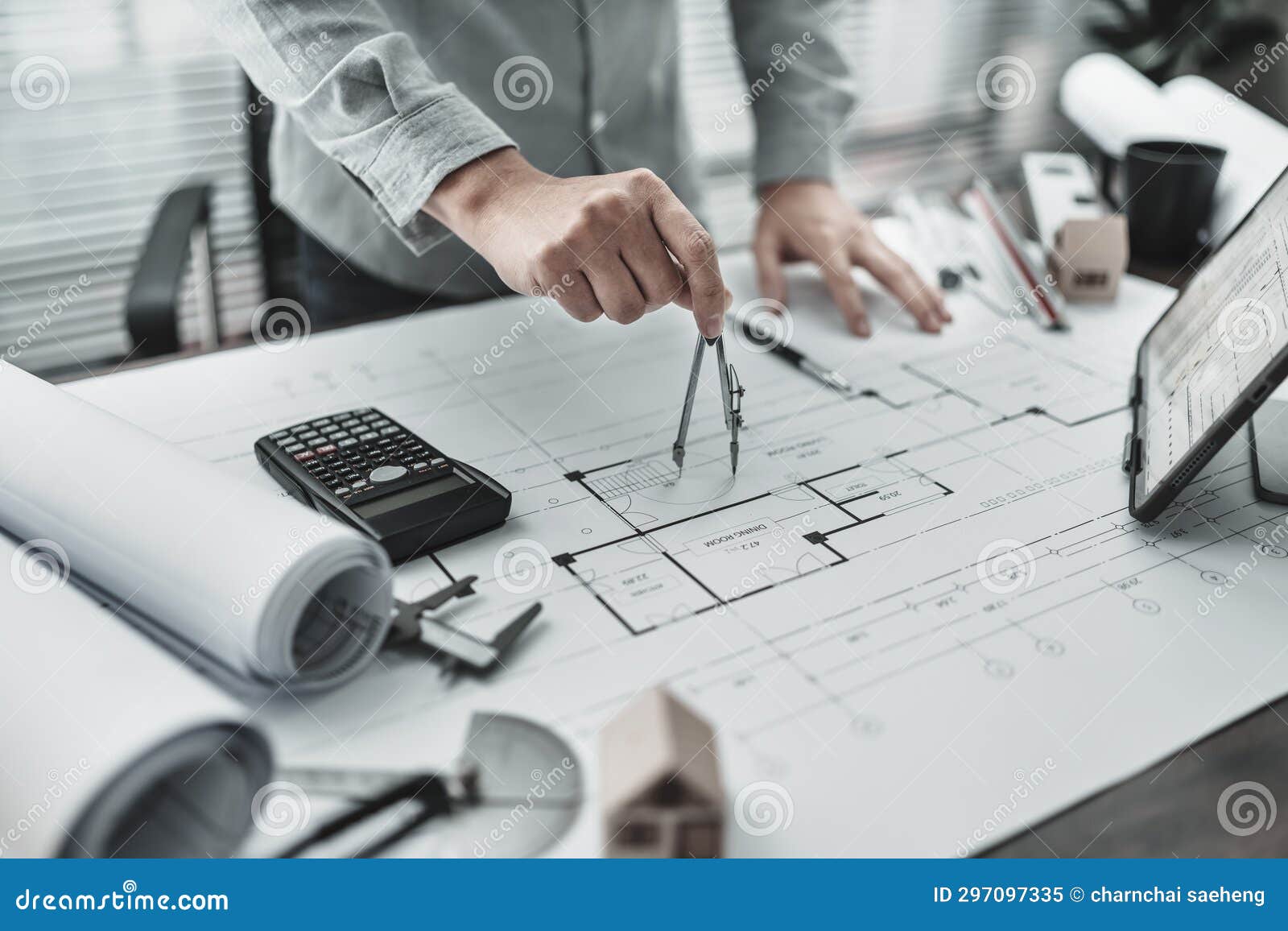 Architect Using Divider Compass Working on Blueprint. House Planning ...