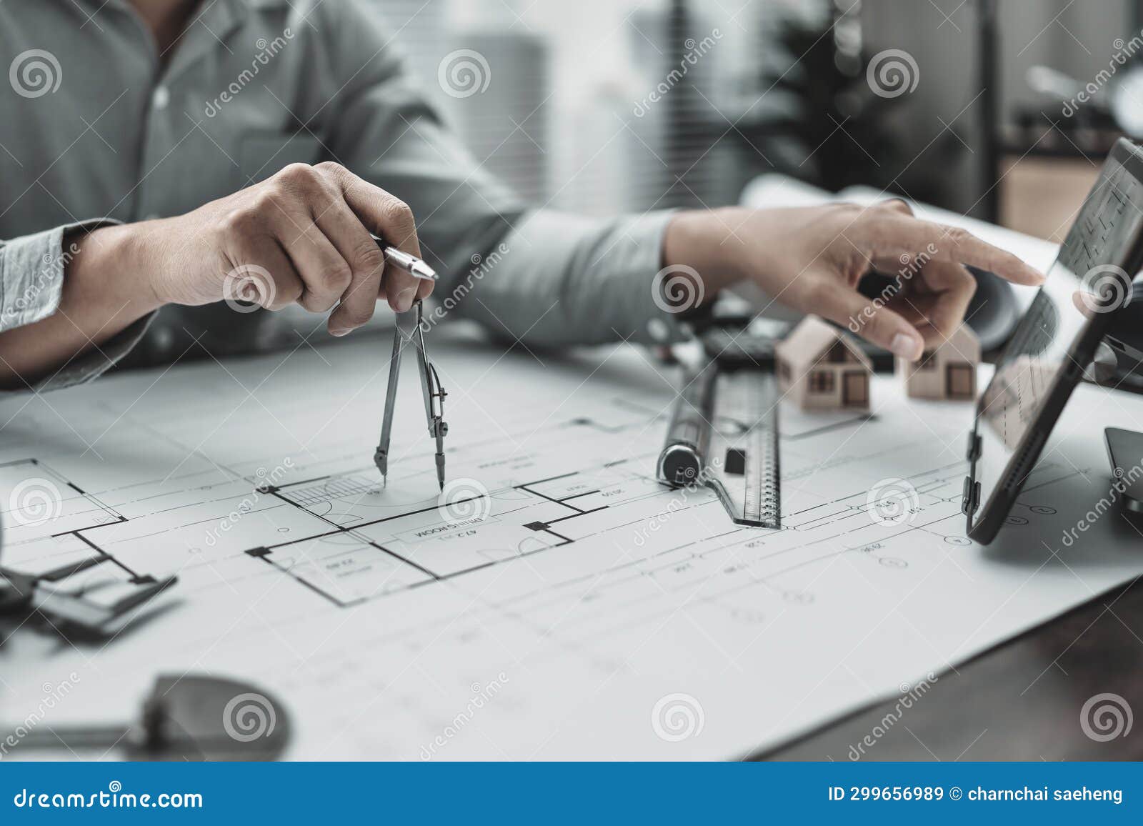 Architect Using Divider Compass Working on Blueprint. House Planning ...
