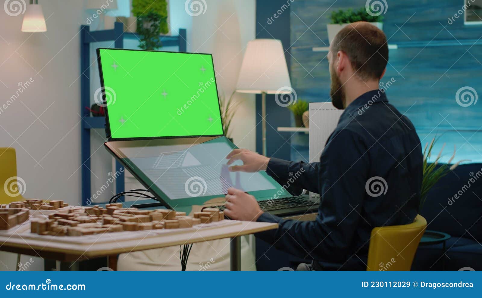 Architect Using Horizontal Green Screen and Building Model Stock Video ...