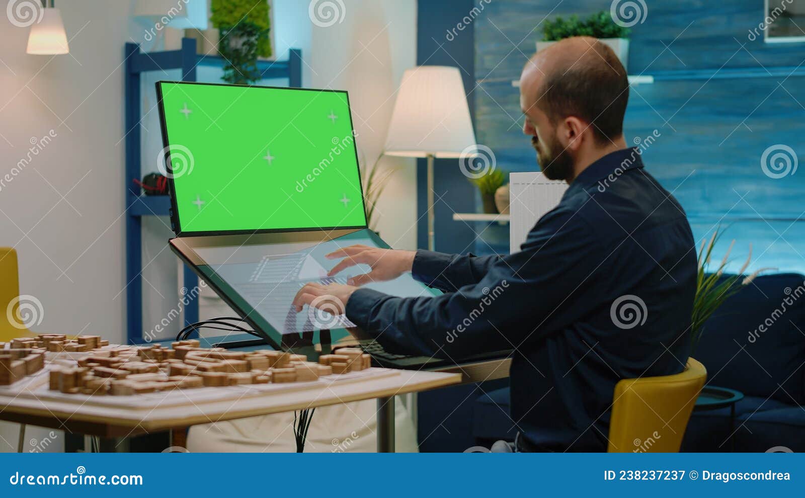 Architect Using Horizontal Green Screen and Building Model Stock Image ...