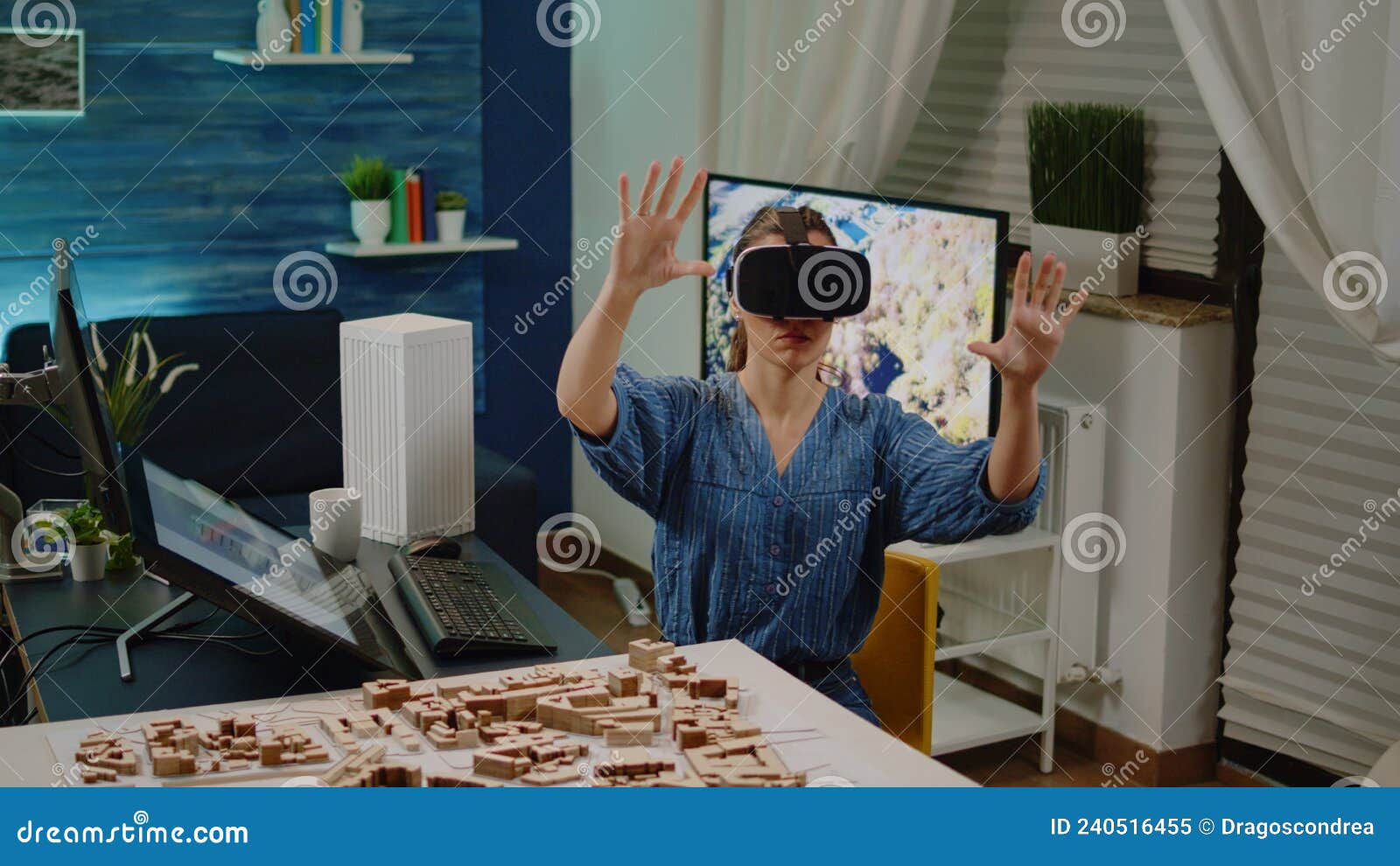 Architect Using Vr Glasses for Building Design with Blueprint Stock ...