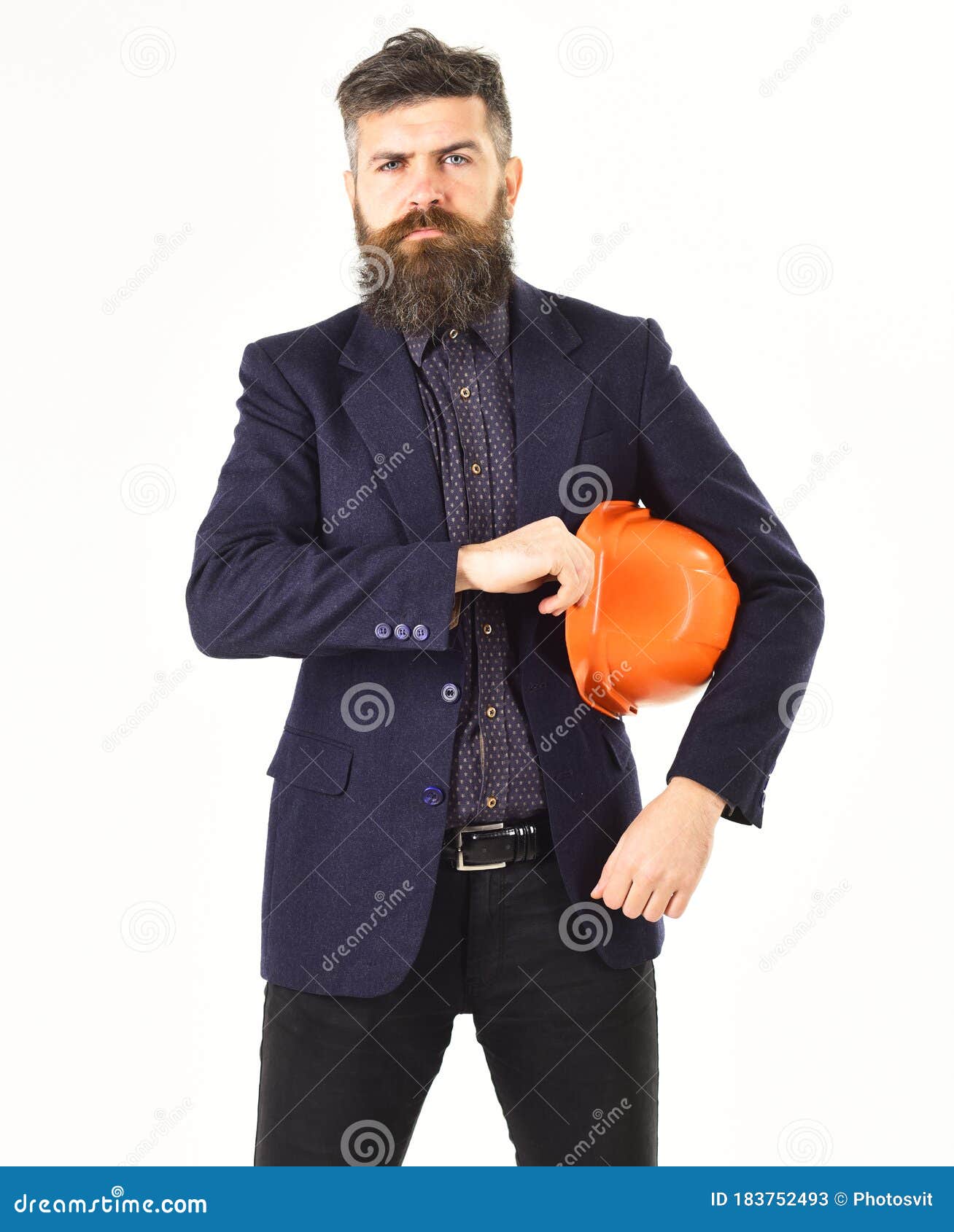 Architect Wears Construction Helmet. Architect with Long Beard and ...