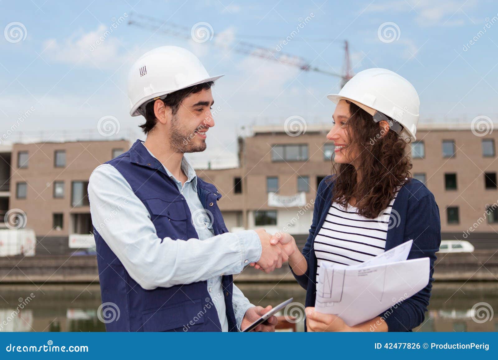 Architect Woman and Construction Site Supervisor Stock Photo - Image of ...