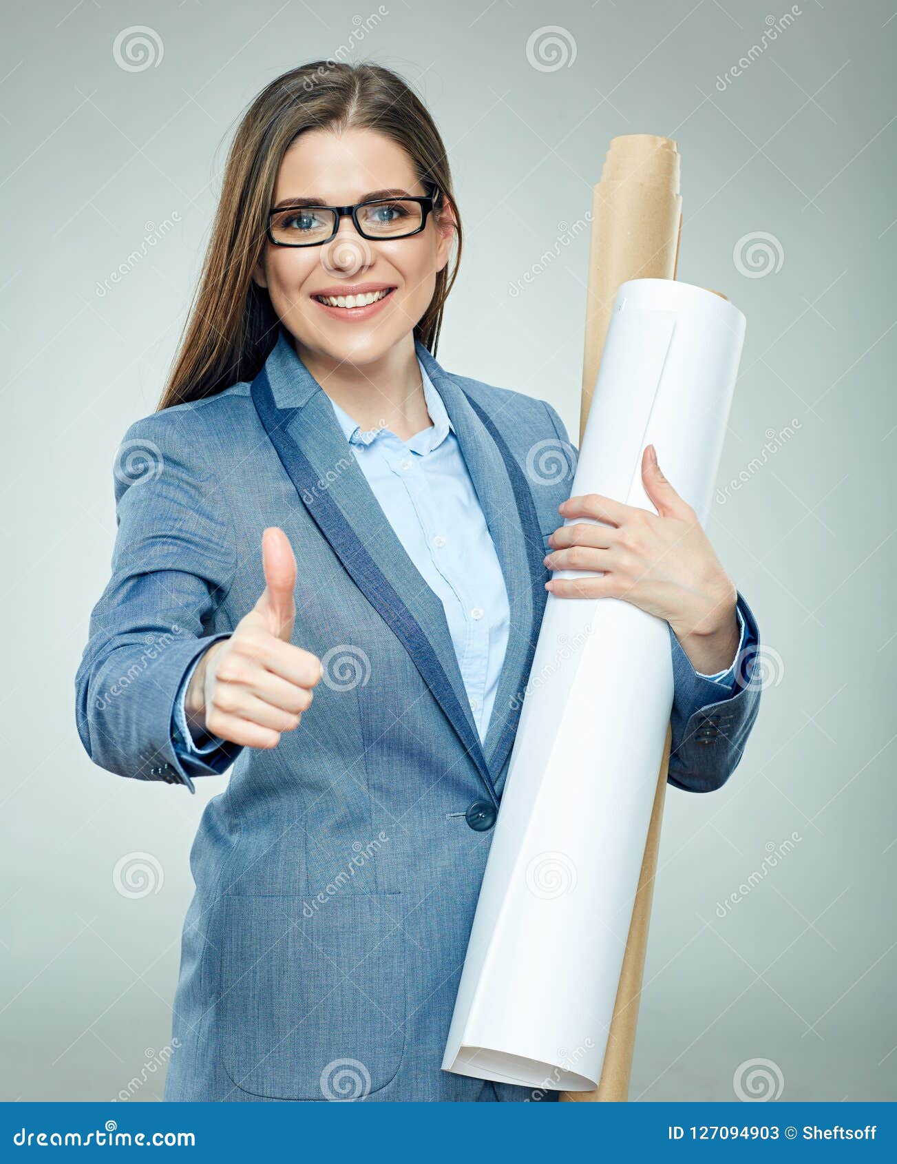 Architect Woman Wearing Glasses Holding Blueprints Shows Thumb U Stock ... Architect Woman Wearing Glasses Holding Blueprints Shows Thumb U Stock ...