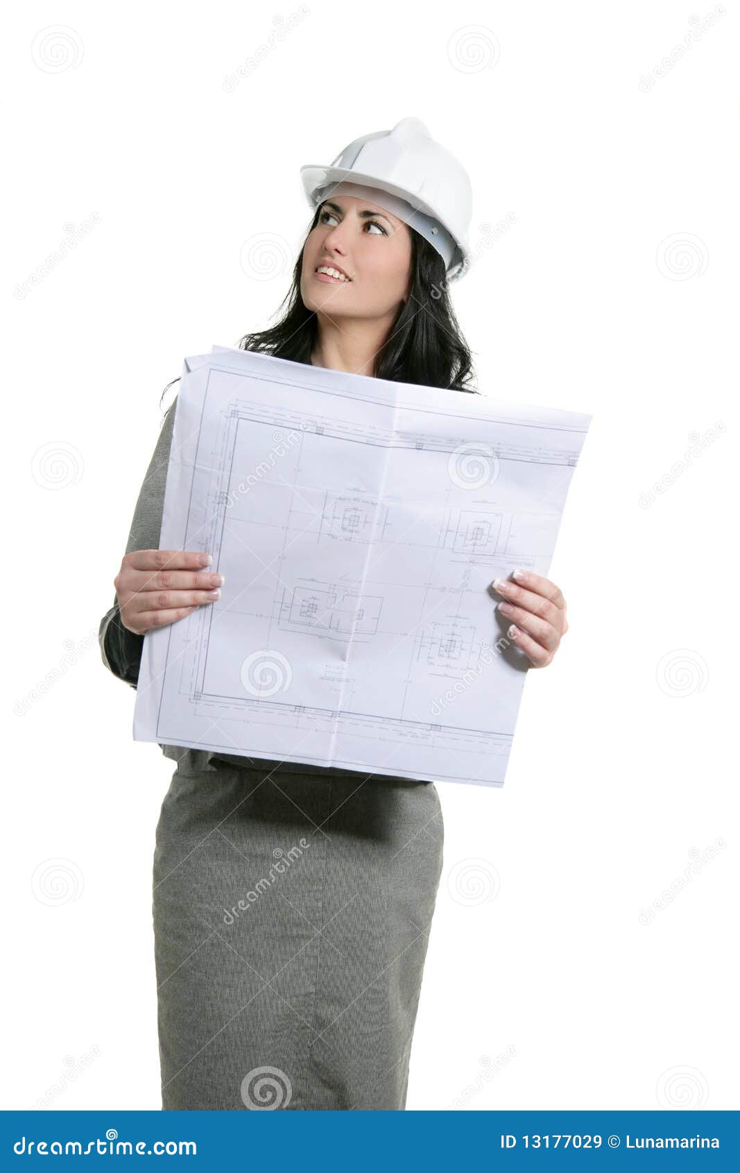 Architect Woman White Hardhat and Plan Stock Image - Image of beauty ...