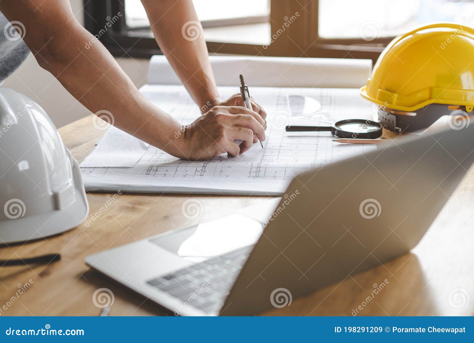 Architect Work Concept. Close Up Hand of Architect Writing on the ...