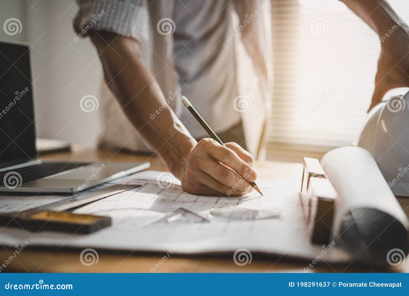 Architect Work Concept. Close Up Hand of Architect Writing on the ...