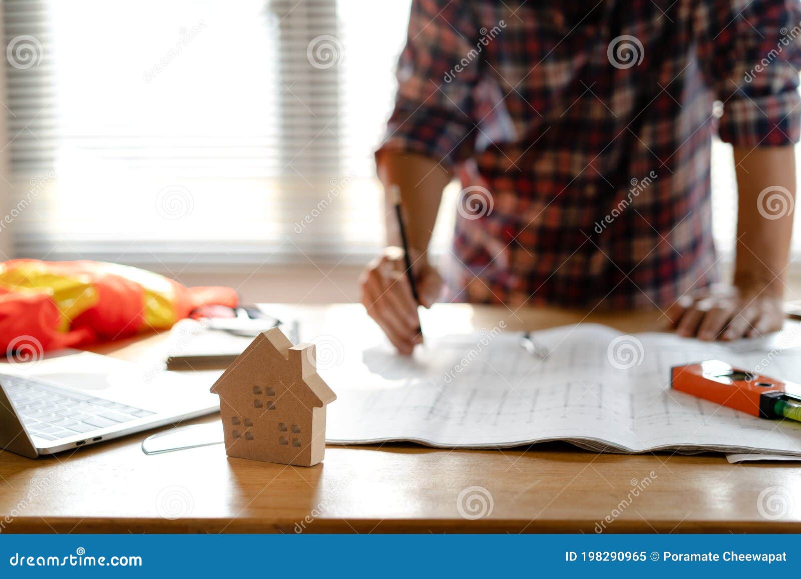 Architect Work Concept. Close Up Hand of Architect Writing on the ...