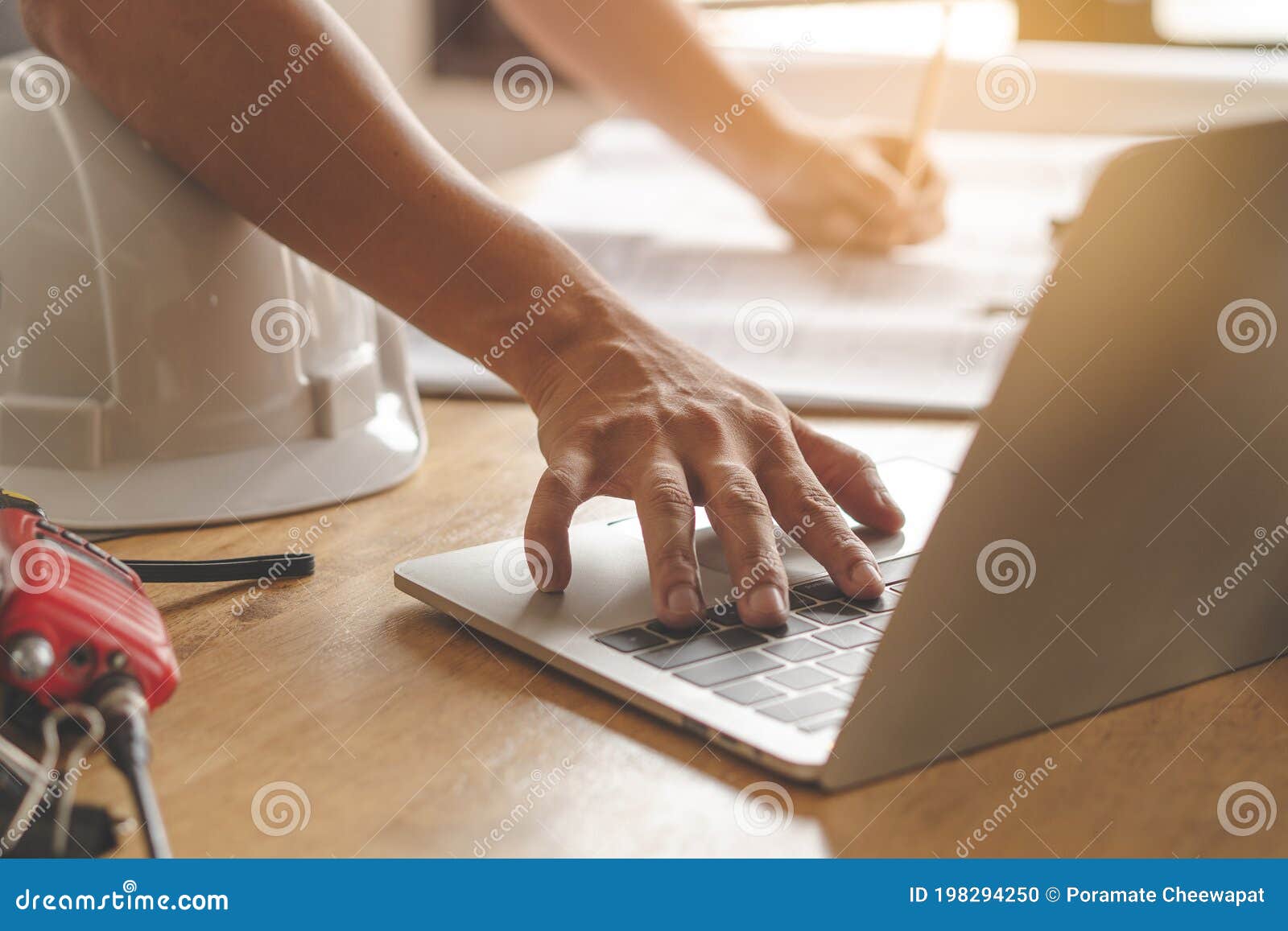 Architect Work Concept. Close Up Hand of Architect Writing on the ...