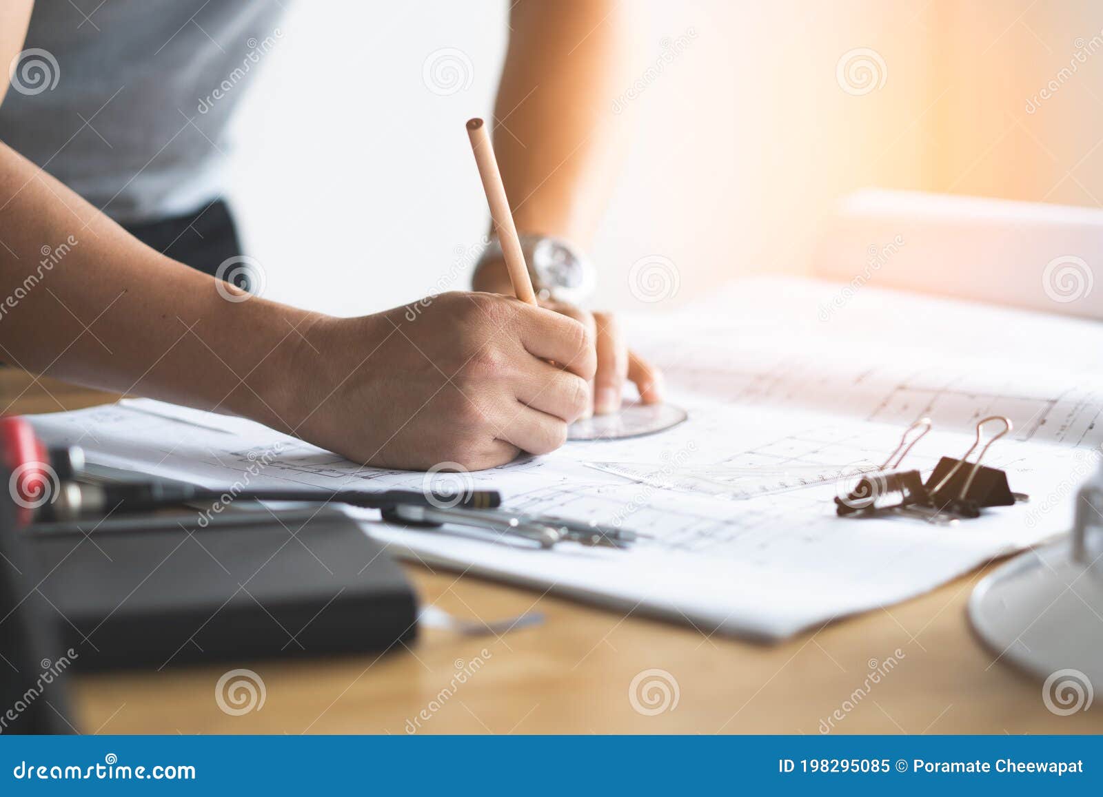 Architect Work Concept. Close Up Hand of Architect Writing on the ...