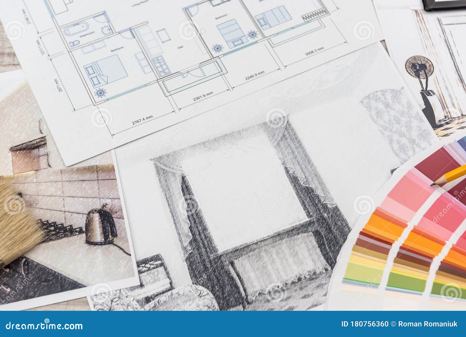 Architect Work - Drawing Sketch Plans Blueprints with Color Palette for ...