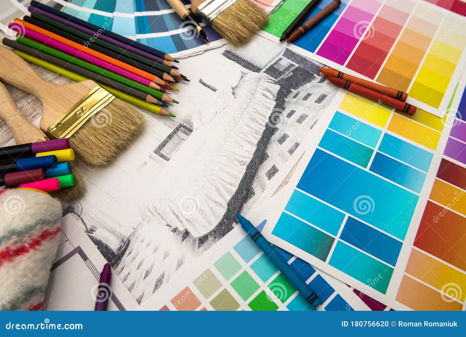 Architect Work - Drawing Sketch Plans Blueprints with Color Palette for ...