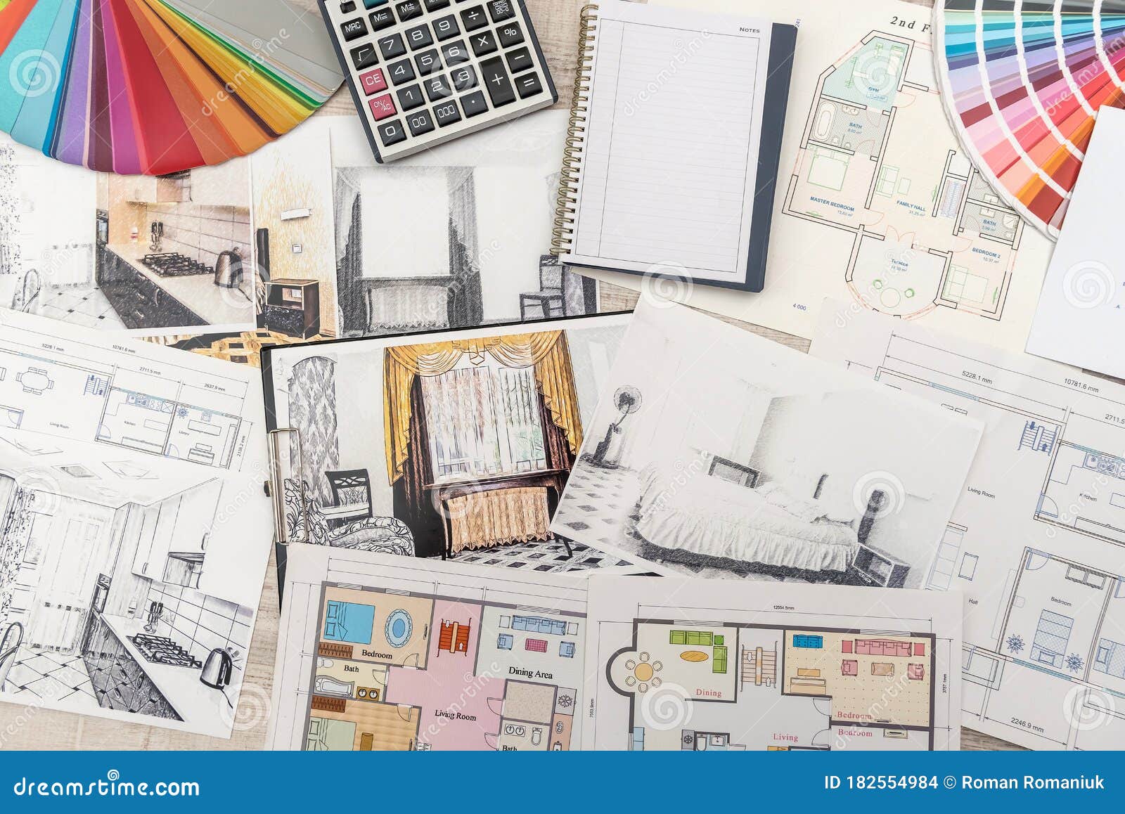 Architect Work - Drawing Sketch Plans Blueprints With Color Palette For ...