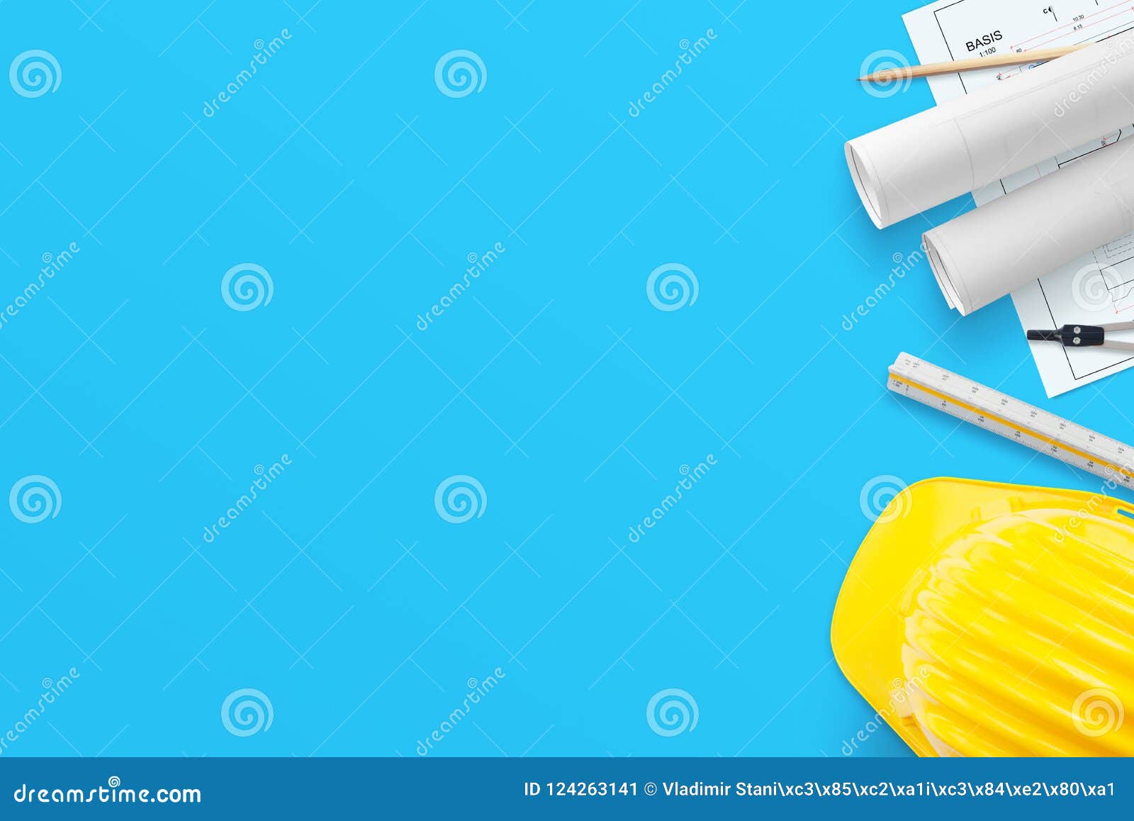 Architect Workdesk with Project Papers, Tools and Yellow Helmet Stock ...