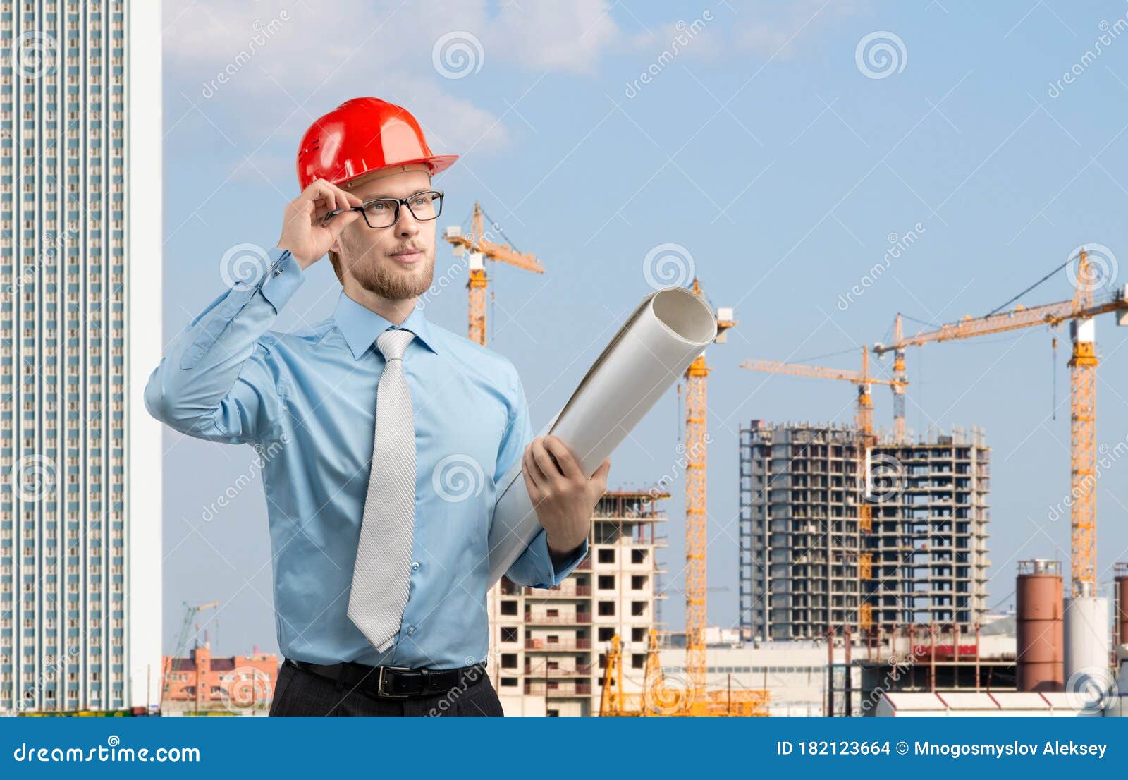Architect Worker or Engineer Man in Red Construction Helmet Stock Photo ...