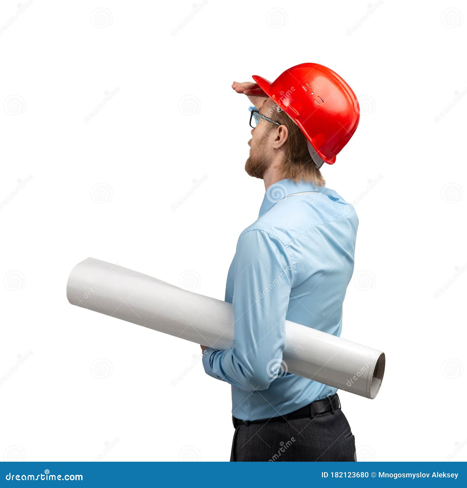 Architect Worker or Engineer Man in Red Construction Helmet Stock Photo ...
