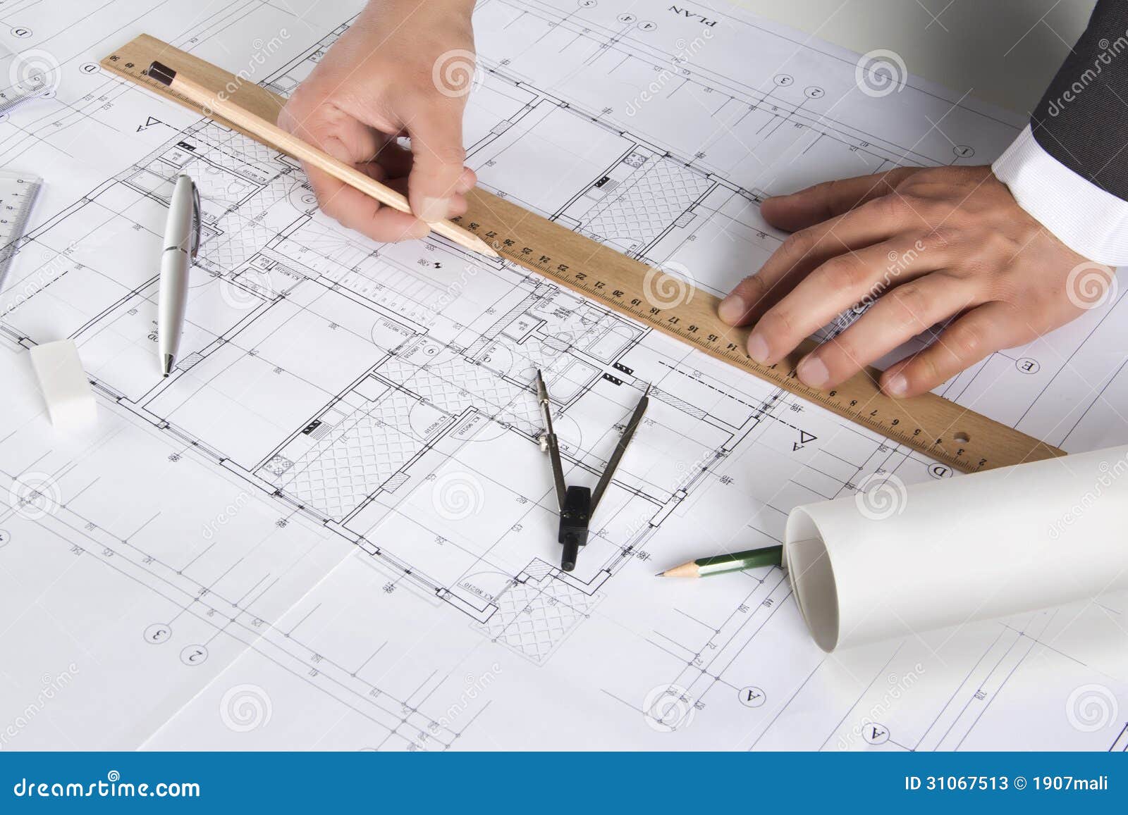 Architect Working on Architectural Plans Stock Image - Image of ...