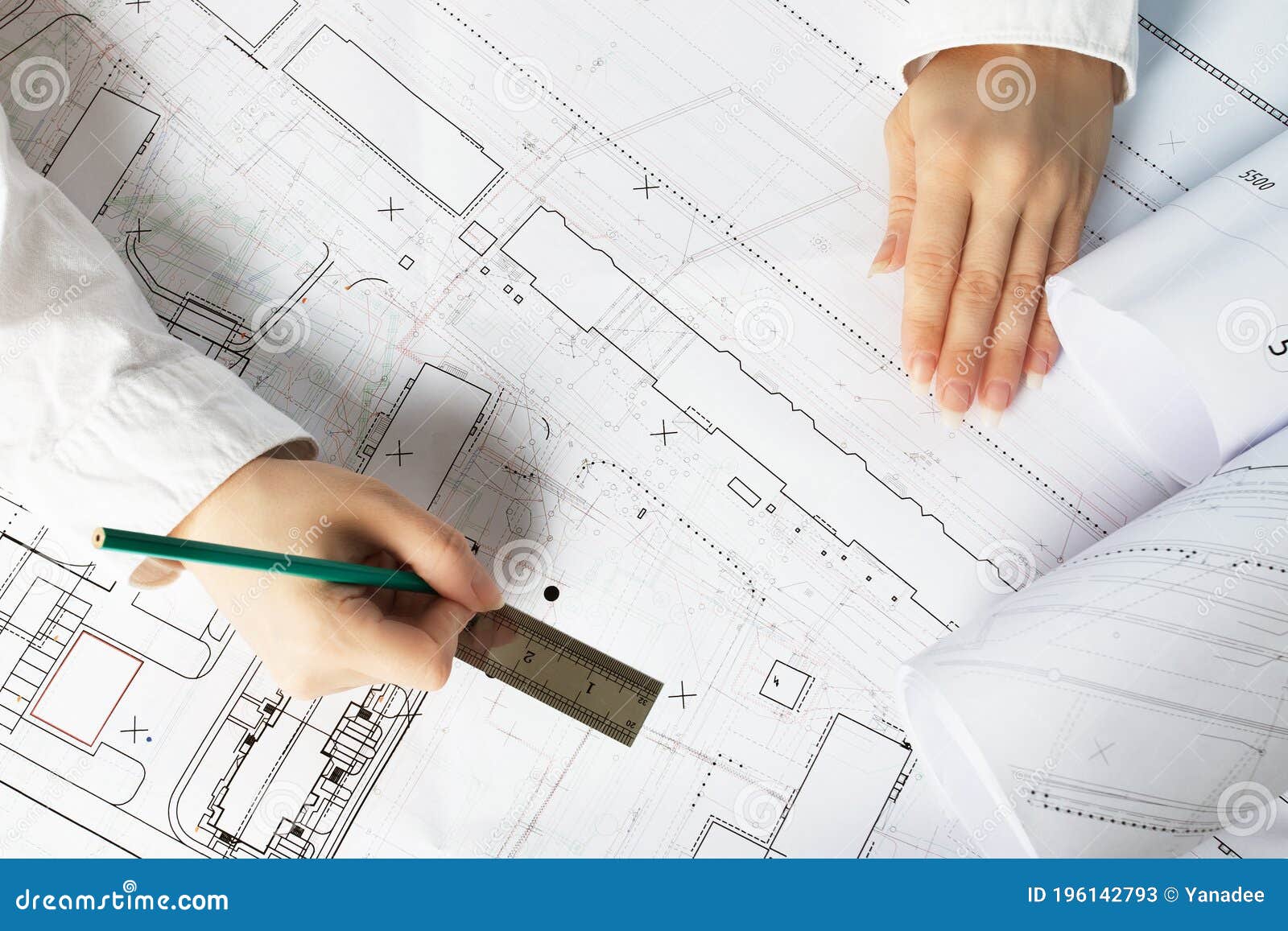 Architect Working on Blueprint. Architects Workplace Stock Image ...