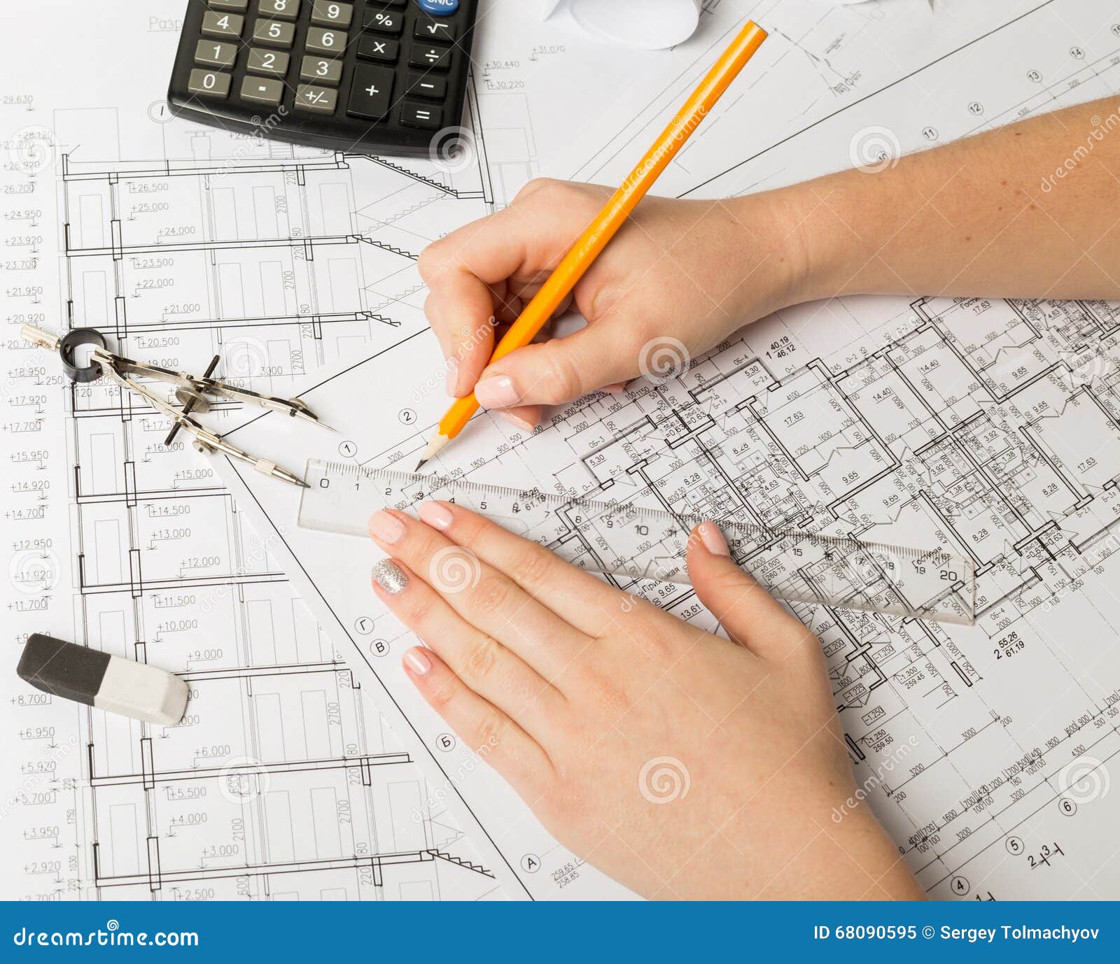 Architect Working on Blueprint Stock Image - Image of business ...