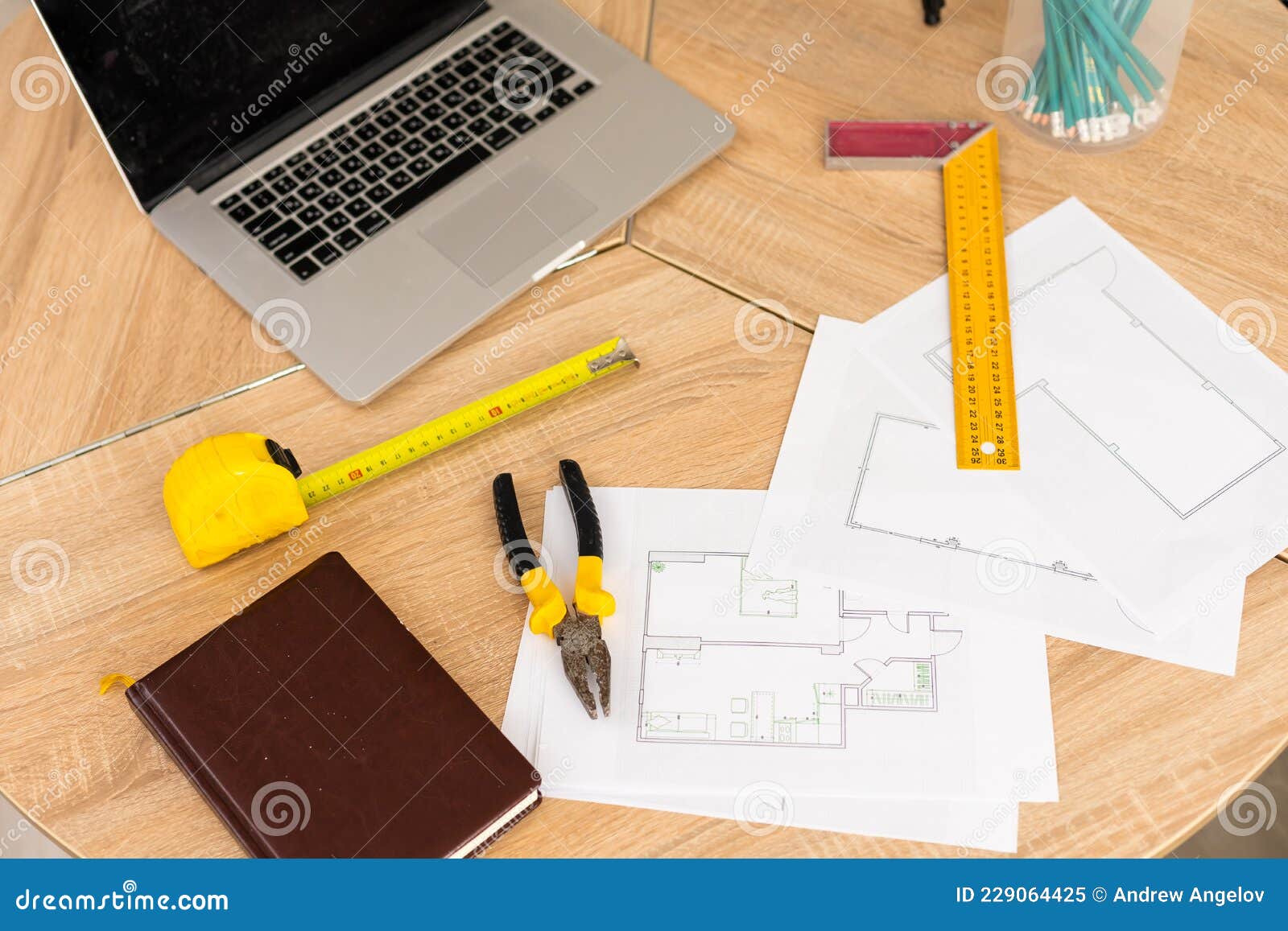 Architect Working on Blueprint. Architects Workplace - Architectural ...
