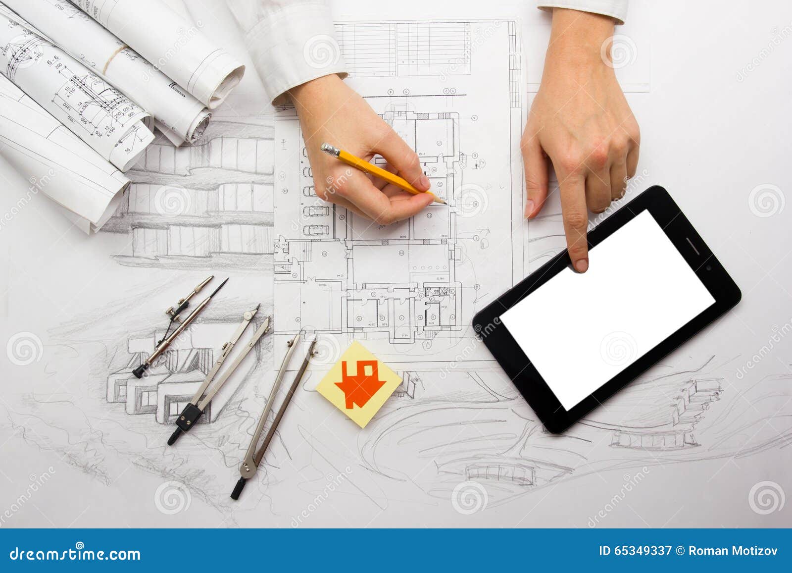 Architect Working on Blueprint. Architects Stock Image - Image of ...