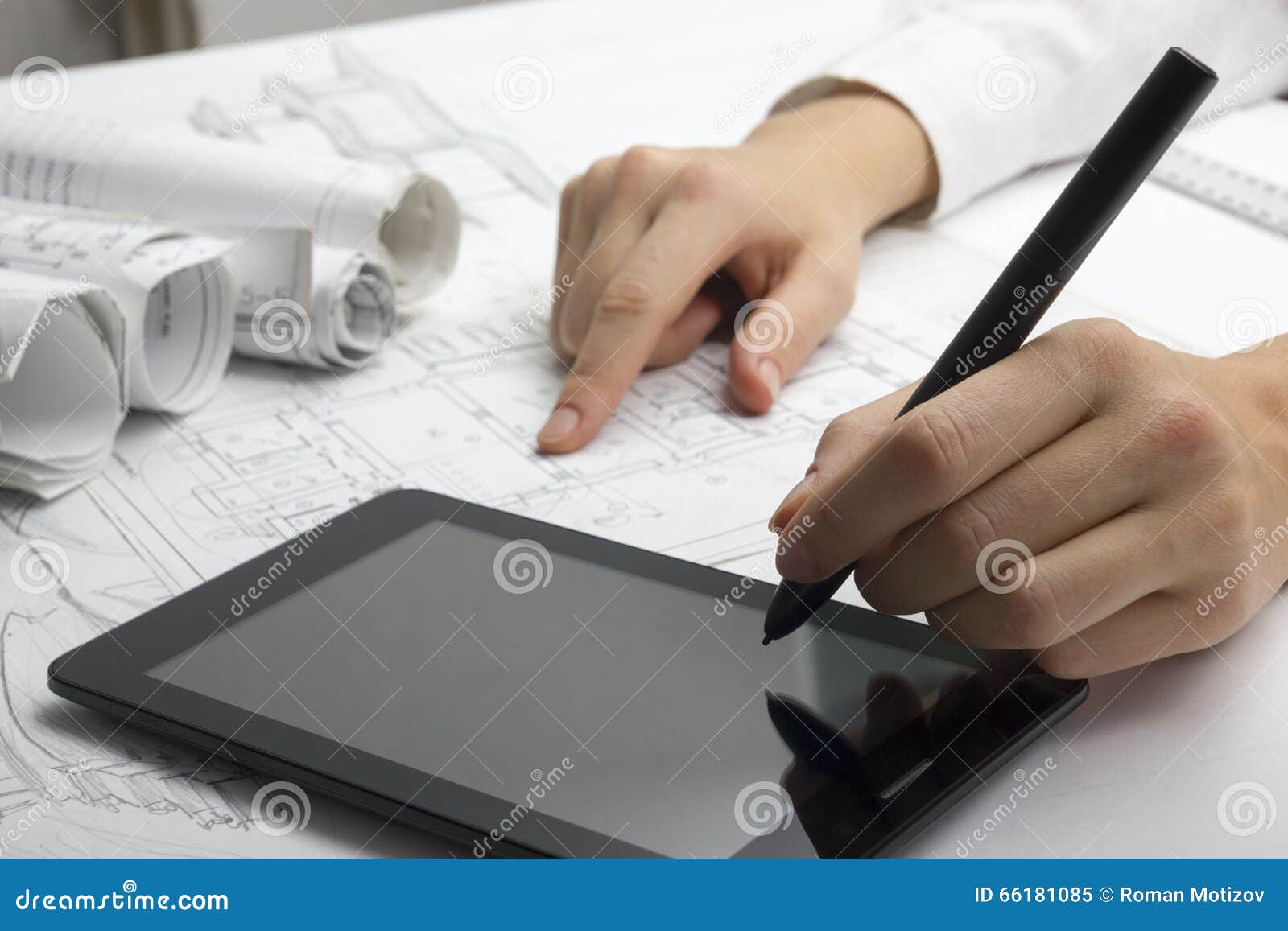 Workplace With Architectural Drawings, Keyboard, Magnifier And Notepad ...