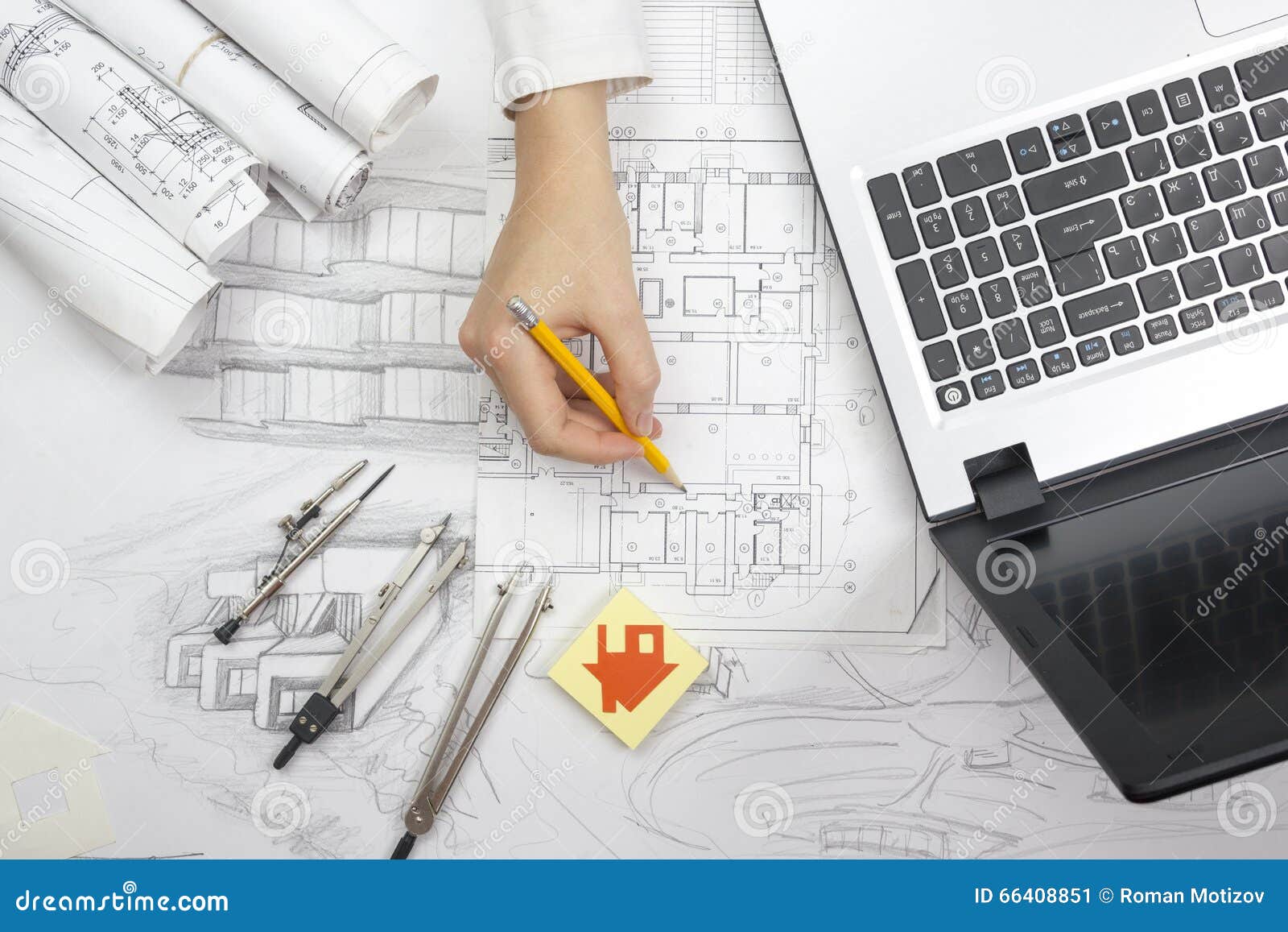 Architect Working on Blueprint. Architects Workplace - Architectural ...