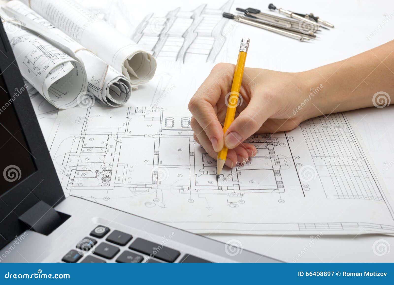 Architect Working on Blueprint. Architects Workplace - Architectural ...