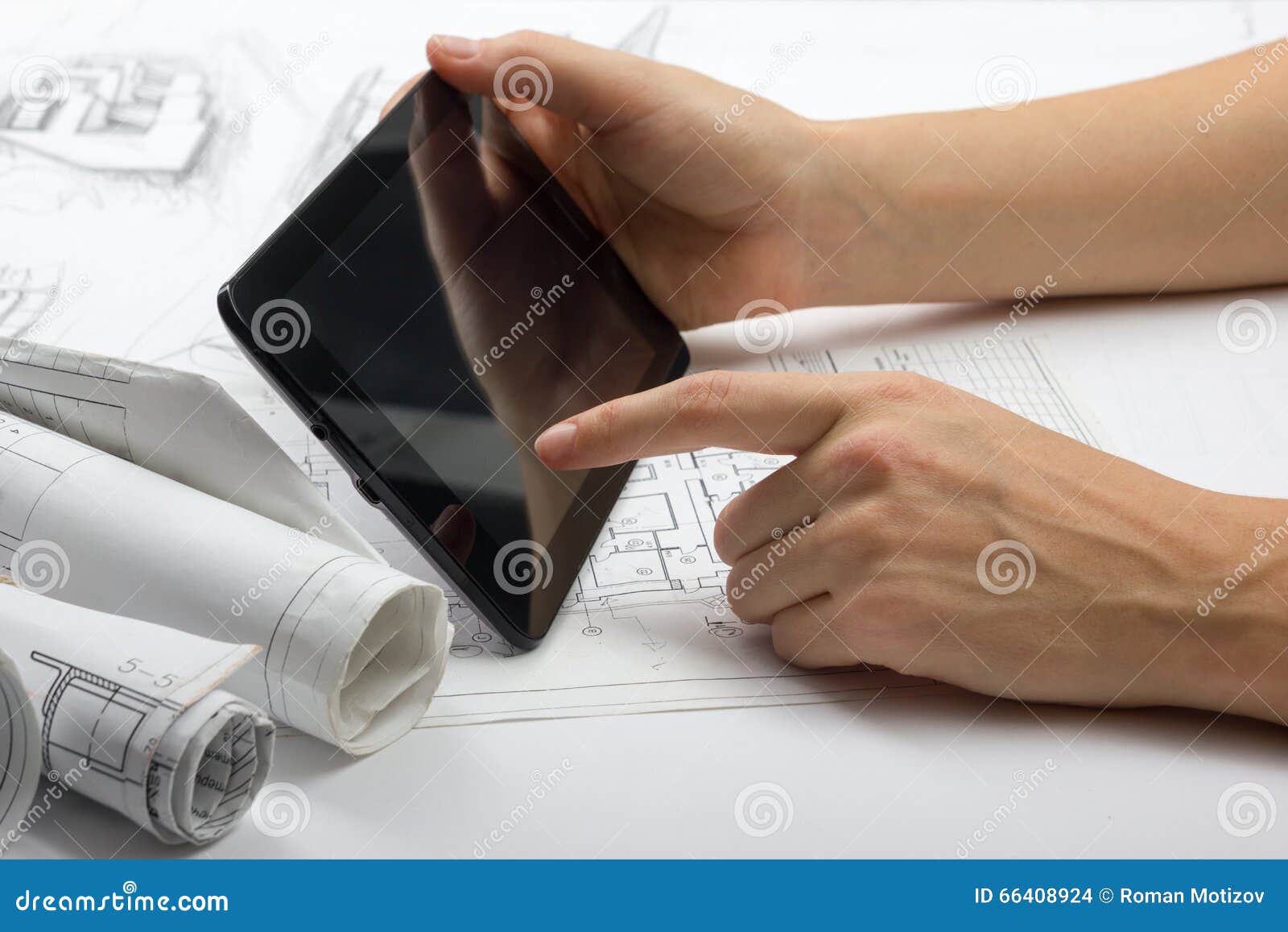 Architect Working on Blueprint. Architects Workplace - Architectural ...