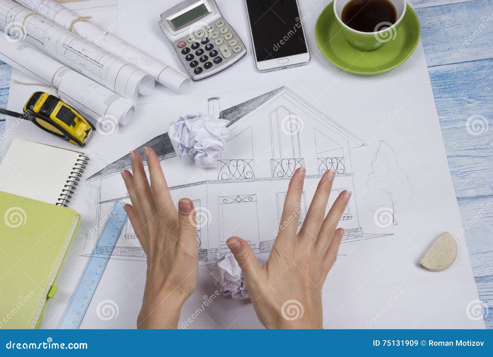 Architect Working on Blueprint. Architects Workplace - Architectural ...