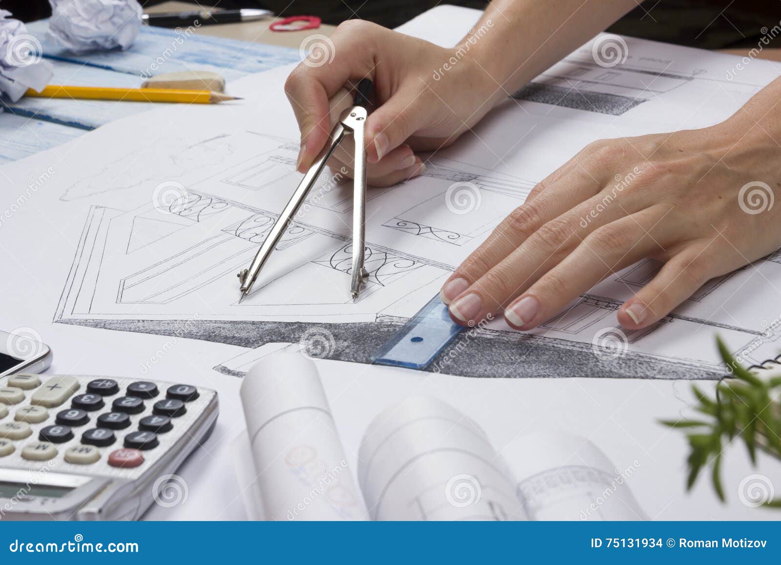 Architect Working on Blueprint. Architects Workplace - Architectural ...