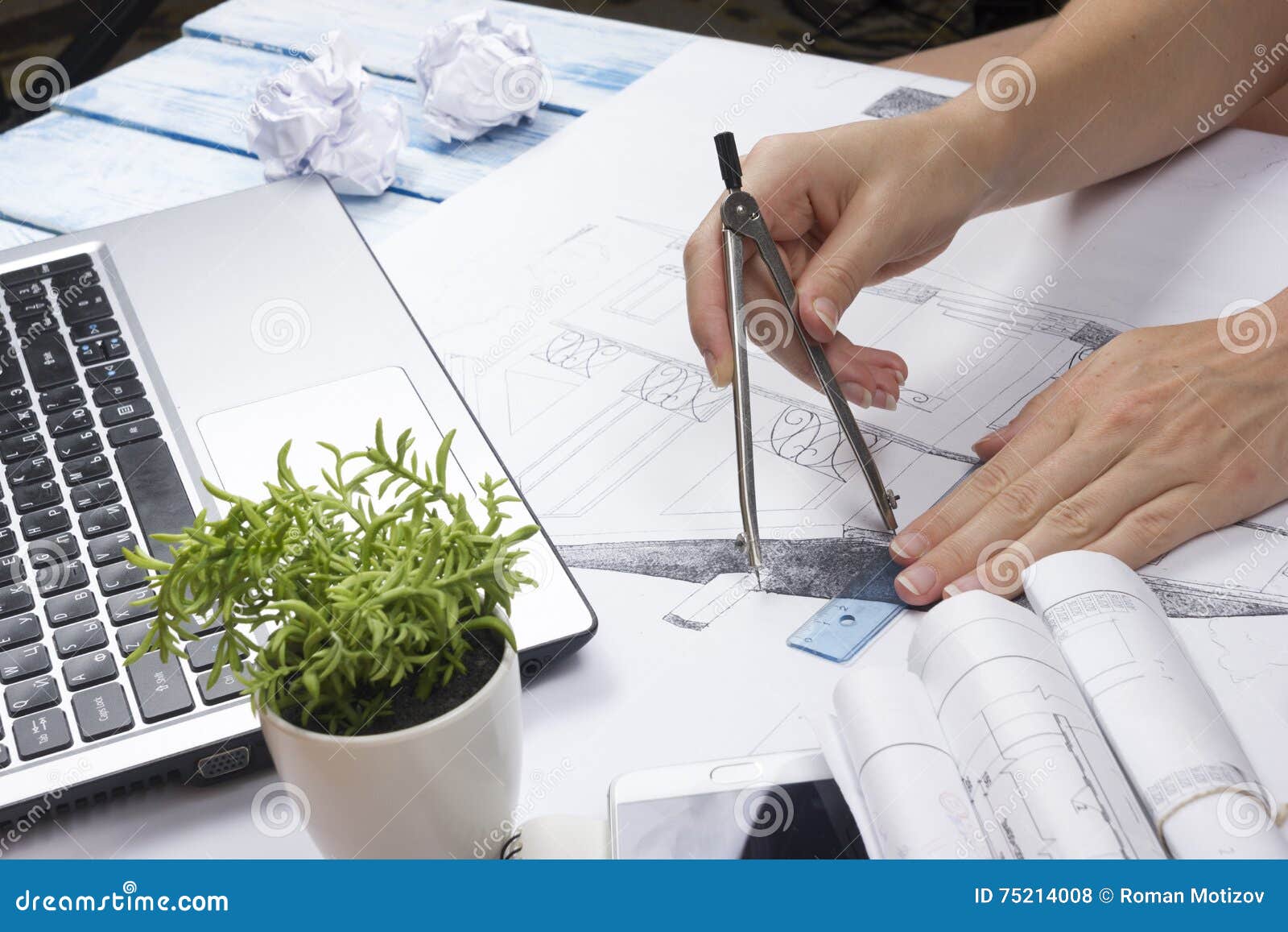 Architect Working on Blueprint. Architects Workplace - Architectural ...