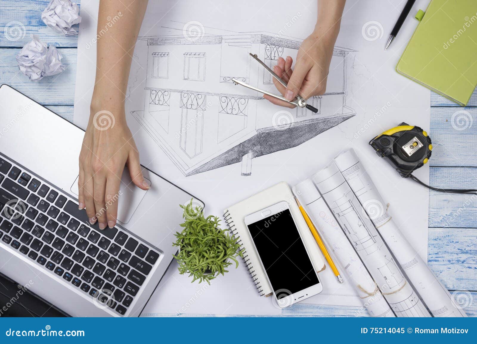 Architect Working on Blueprint. Architects Workplace - Architectural ...