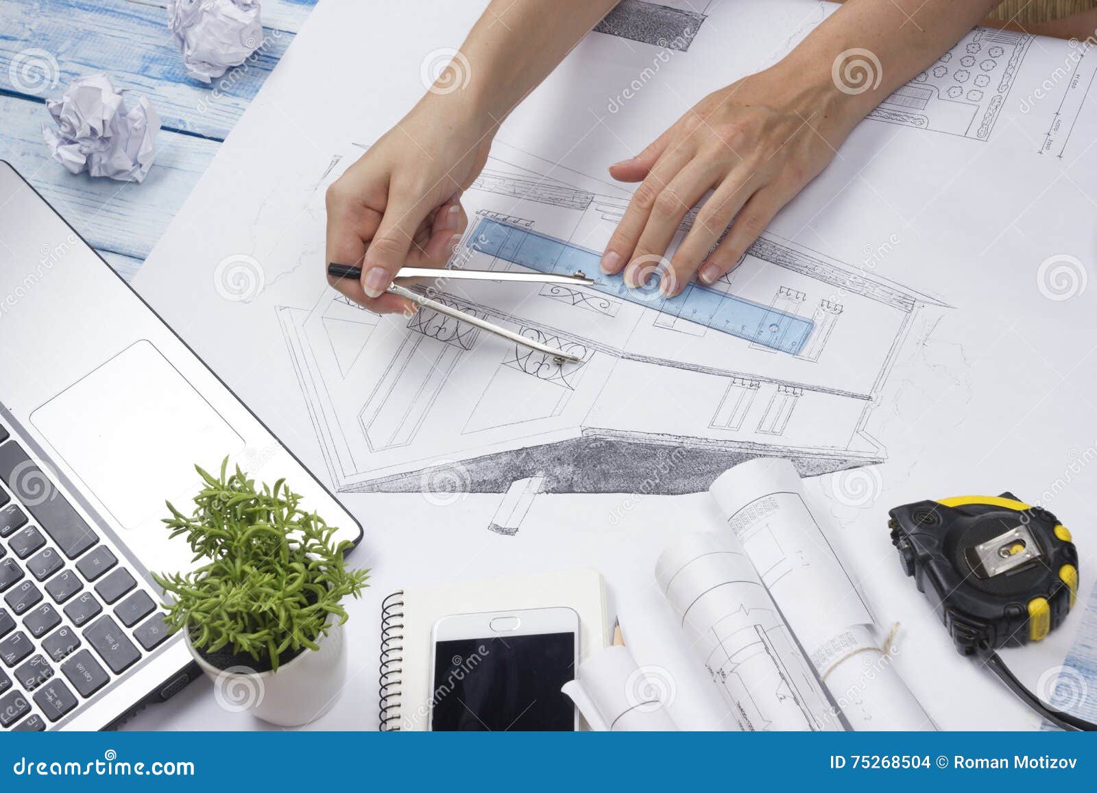 Architect Working on Blueprint. Architects Workplace - Architectural ...