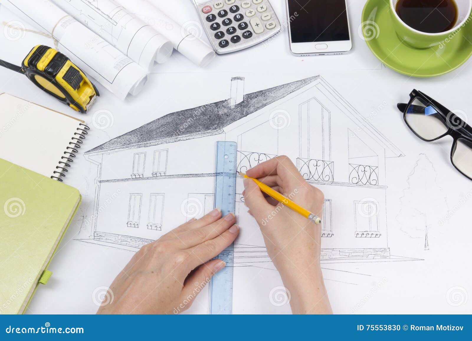 Architect Working on Blueprint. Architects Workplace - Architectural ...