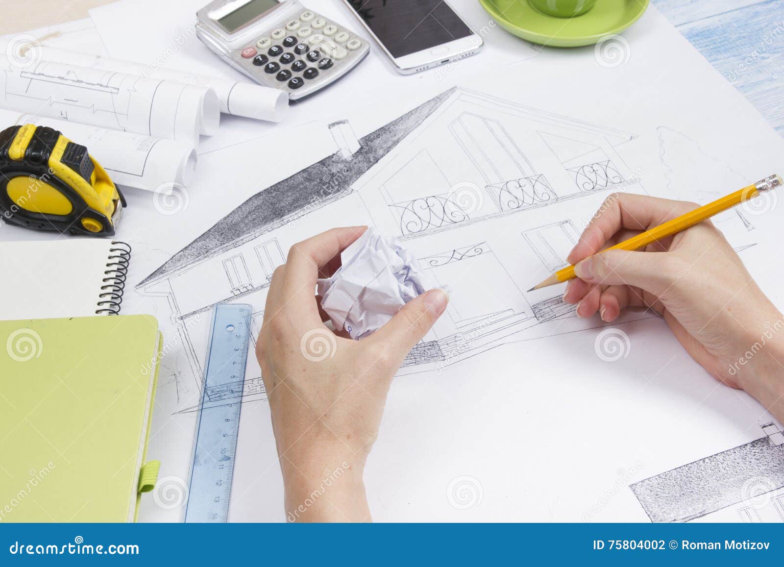 Architect Working on Blueprint. Architects Workplace - Architectural ...