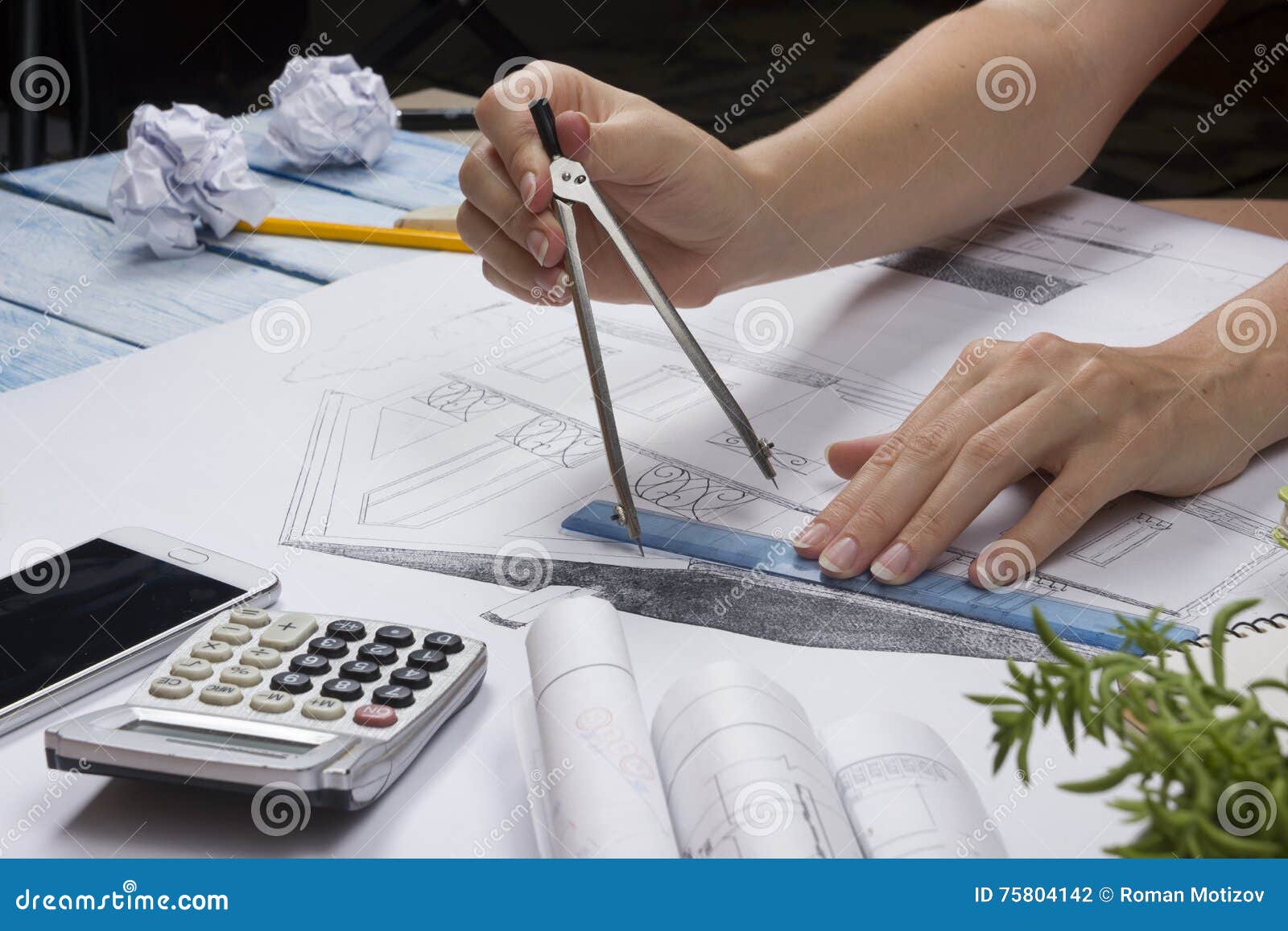 Architect Working on Blueprint. Architects Workplace - Architectural ...