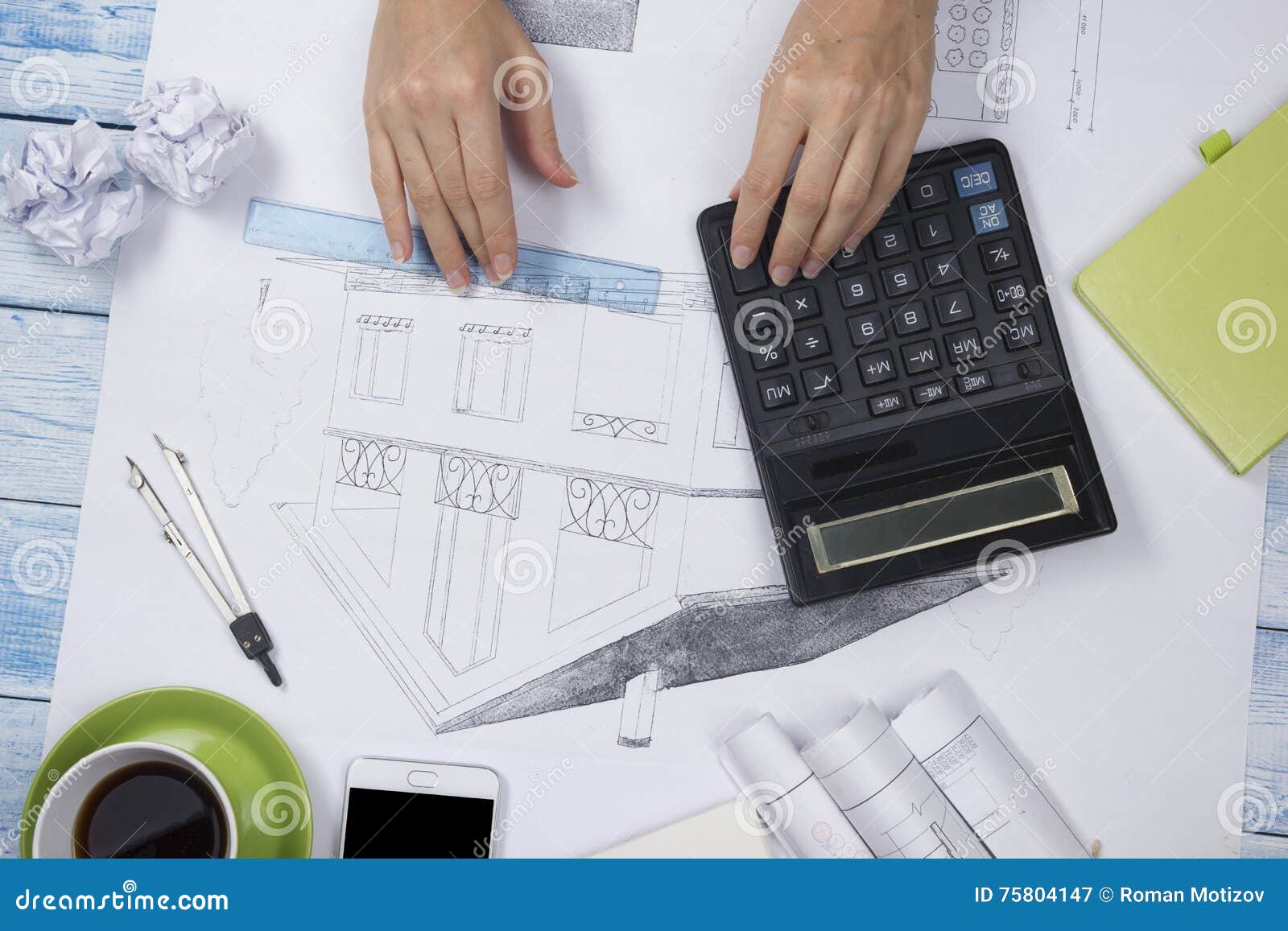 Architect Working on Blueprint. Architects Workplace - Architectural ...