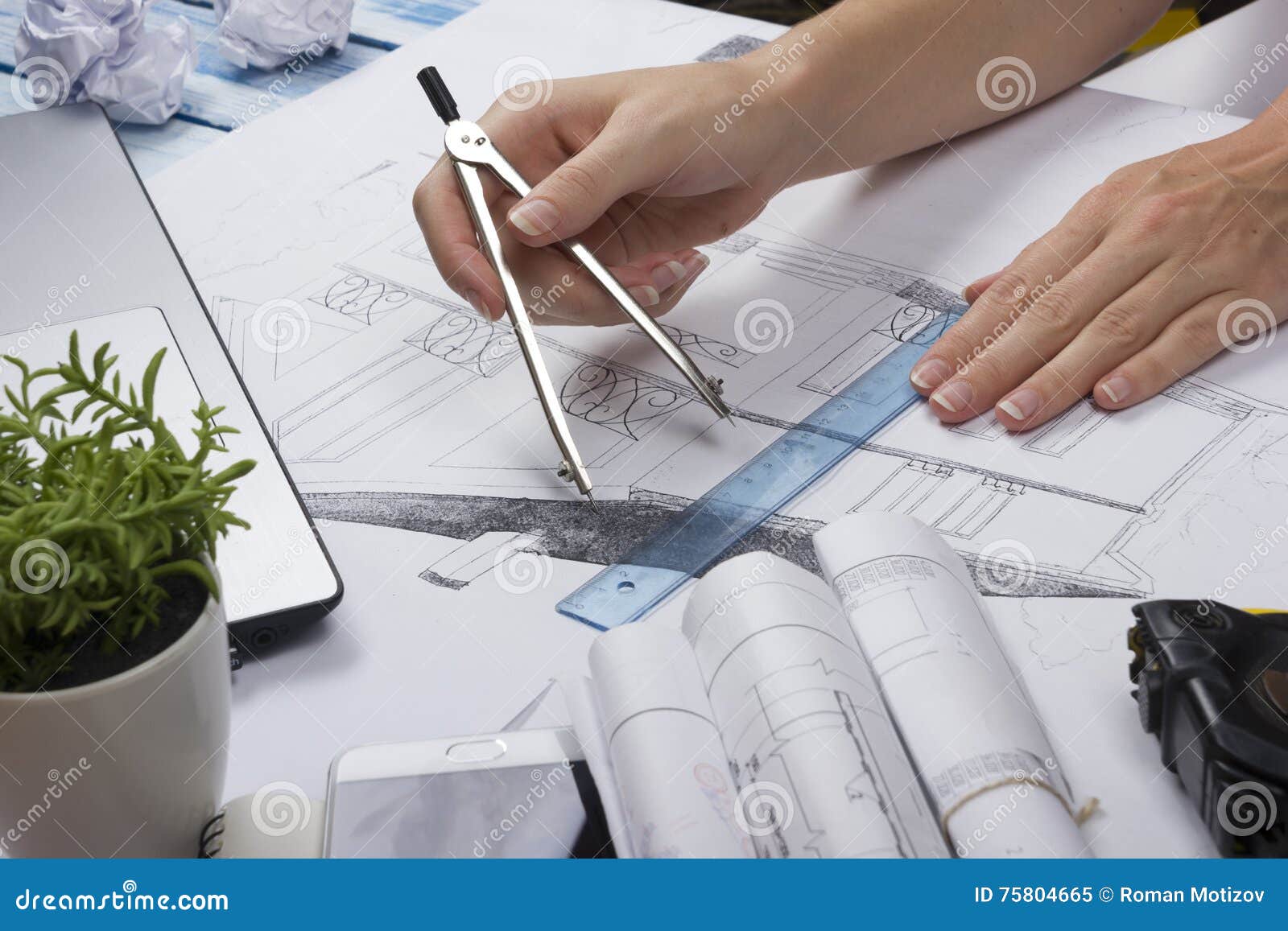 Architect Working on Blueprint. Architects Workplace - Architectural ...
