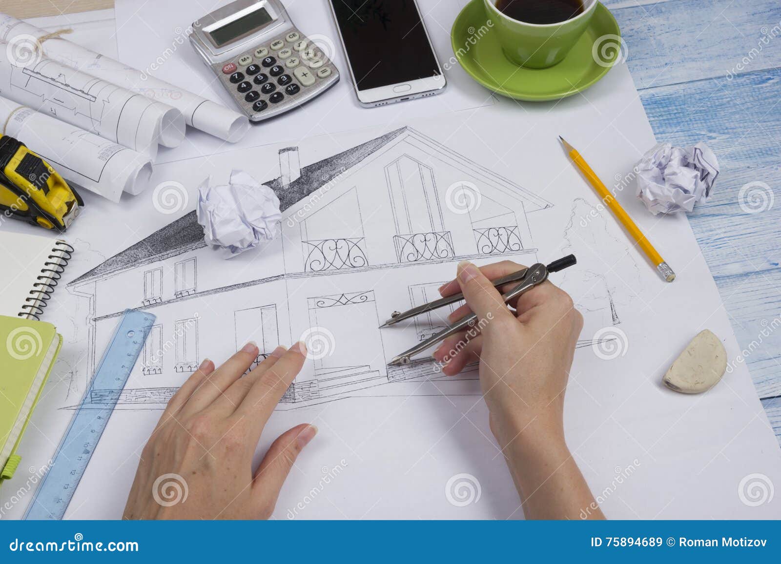 Architect Working on Blueprint. Architects Workplace - Architectural ...