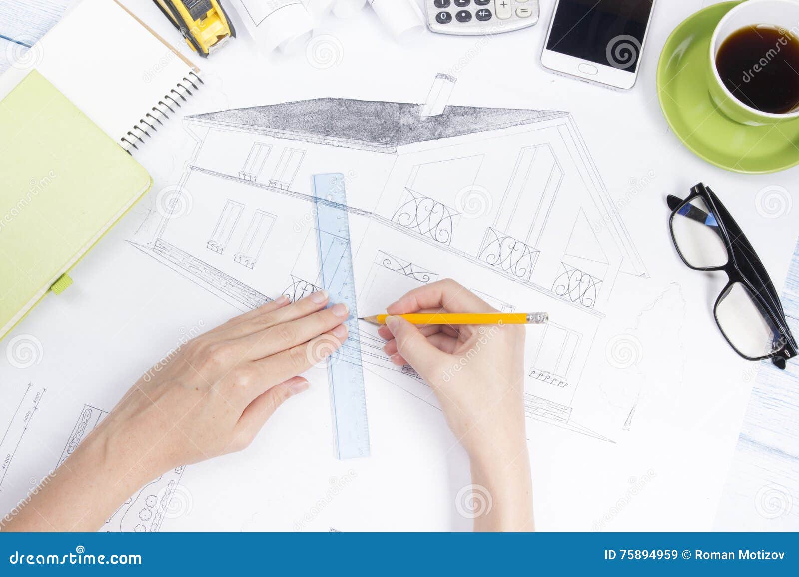 Architect Working on Blueprint. Architects Workplace - Architectural ...