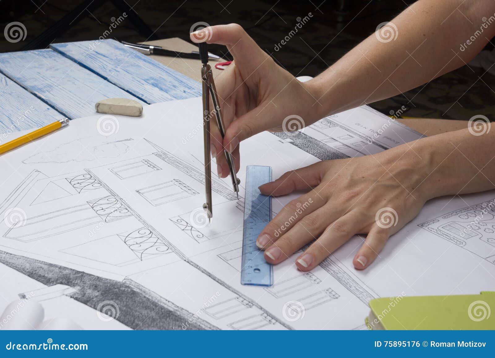 Architect Working on Blueprint. Architects Workplace - Architectural ...