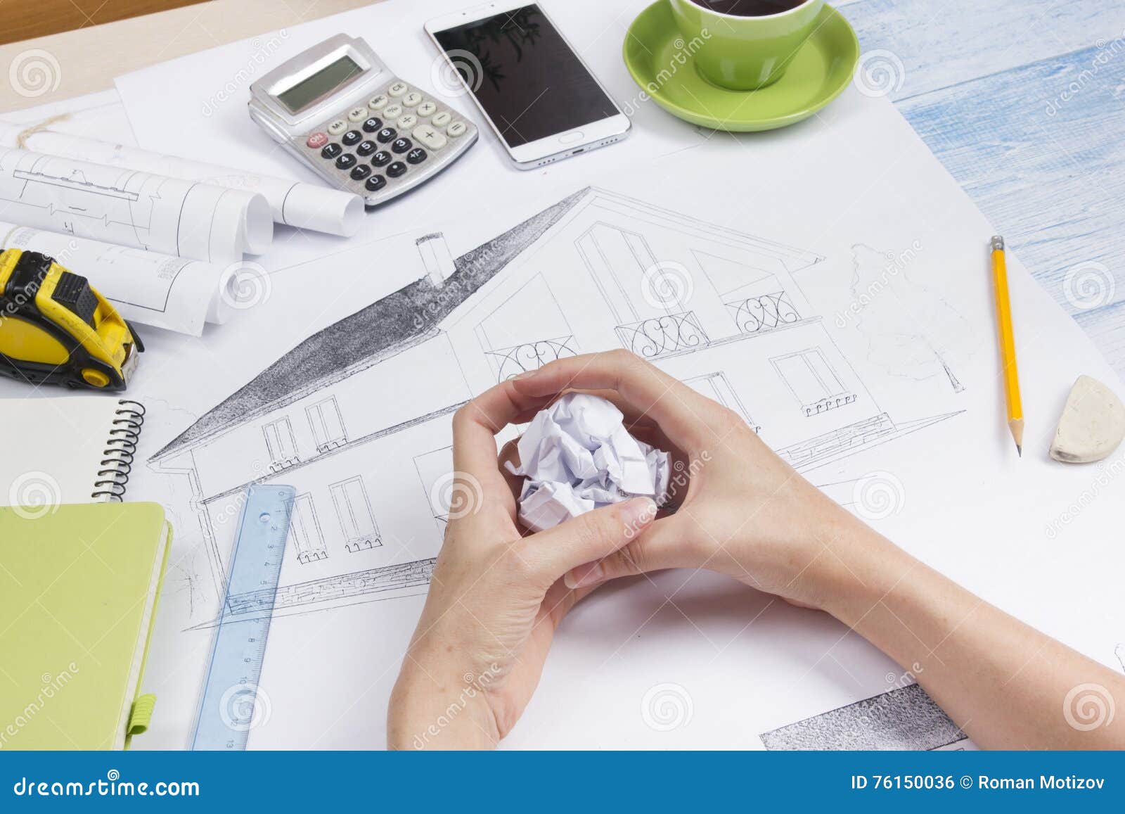 Architect Working on Blueprint. Architects Workplace - Architectural ...