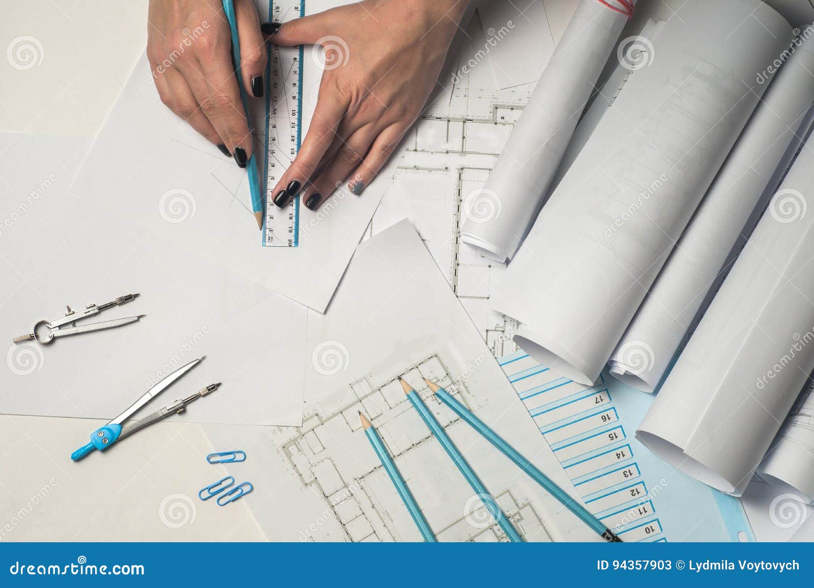 Architect Working on Blueprint. Stock Image - Image of calculator ...