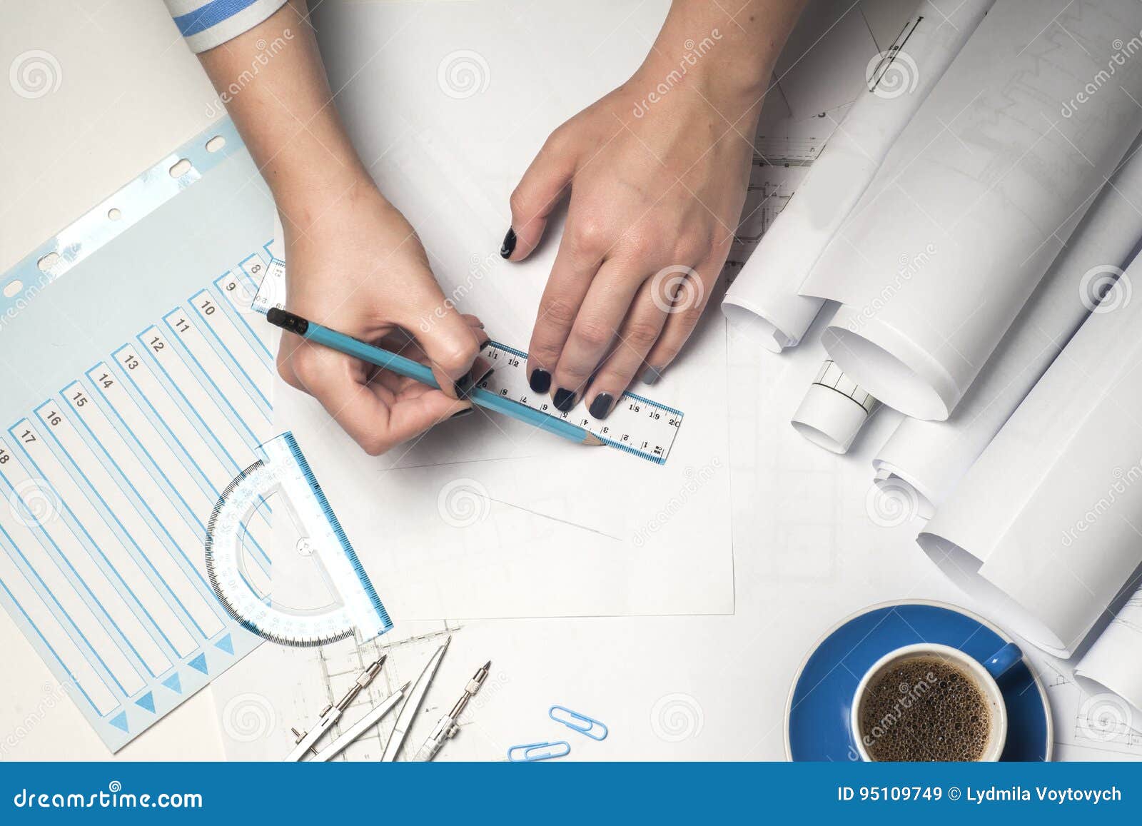 Architect Working on Blueprint. Stock Image - Image of background ...