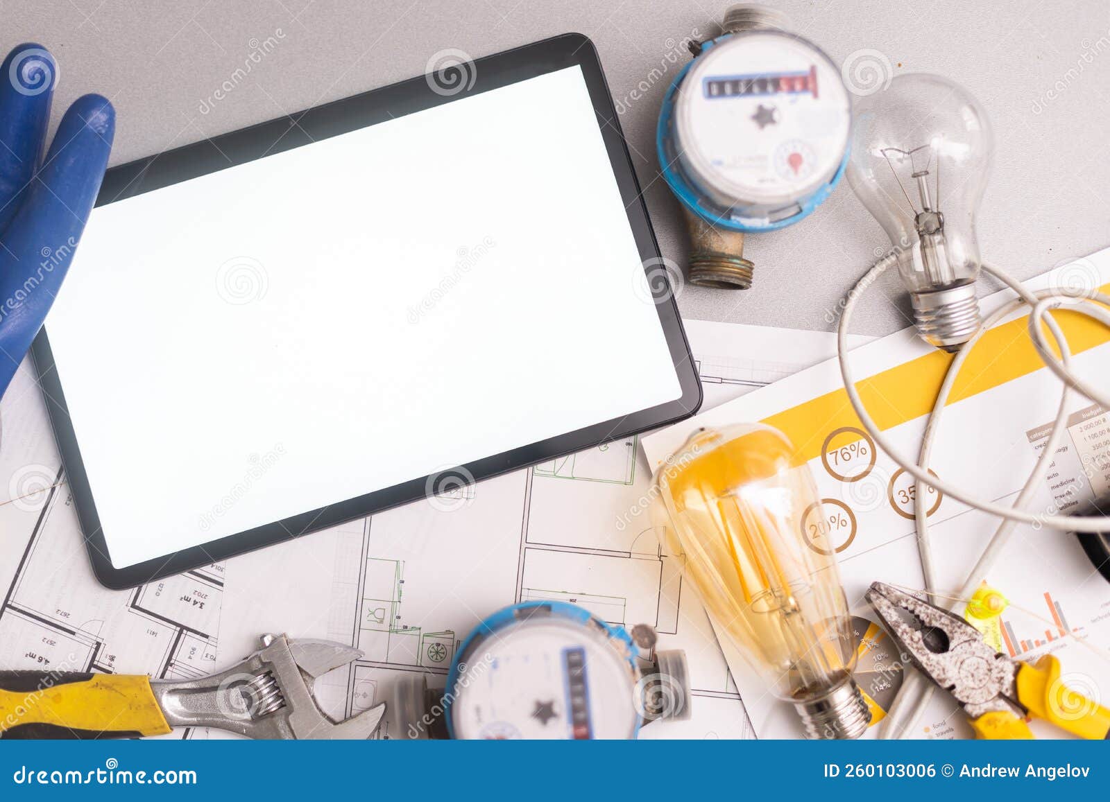 Architect Working on Blueprint. Architects Workplace - Architectural ...