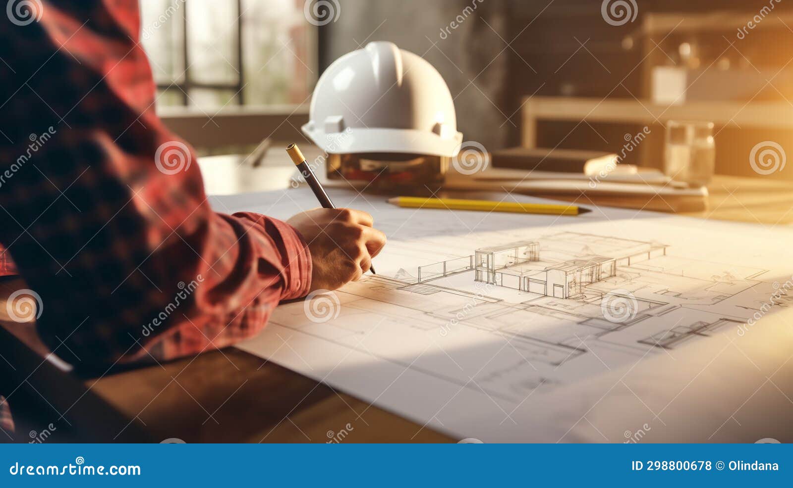 Architect Working at a Blueprint. Construction Development Industrial ...